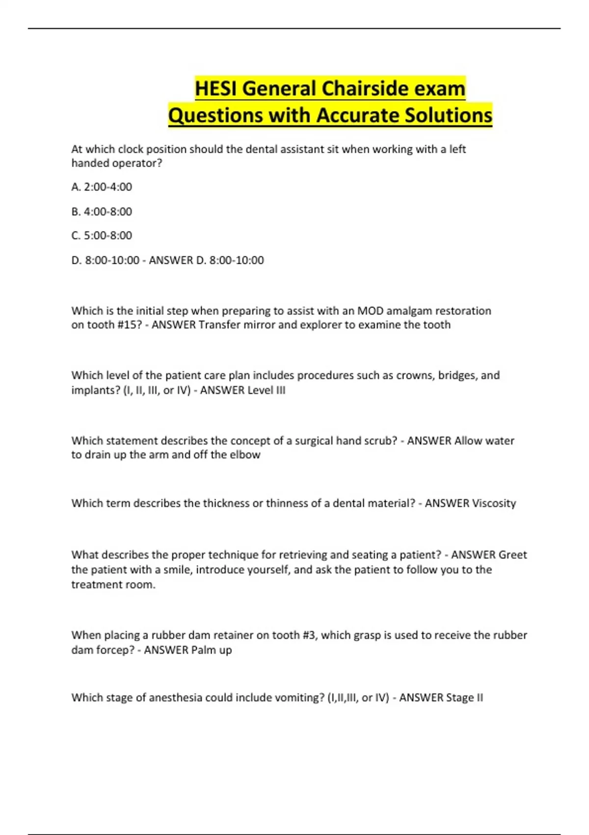 HESI General Chairside exam Questions with Accurate Solutions - General ...