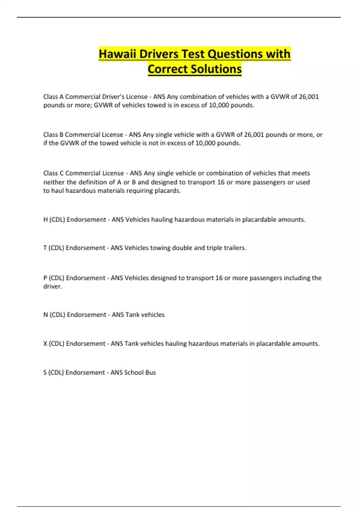 Hawaii Drivers Test Questions with Correct Solutions - Hawaii Driver’s ...