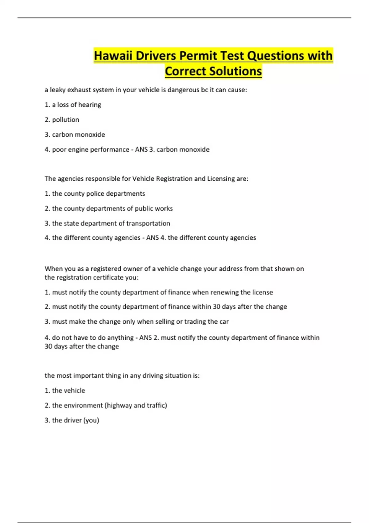 Hawaii Drivers Permit Test Questions with Correct Solutions - Hawaii ...