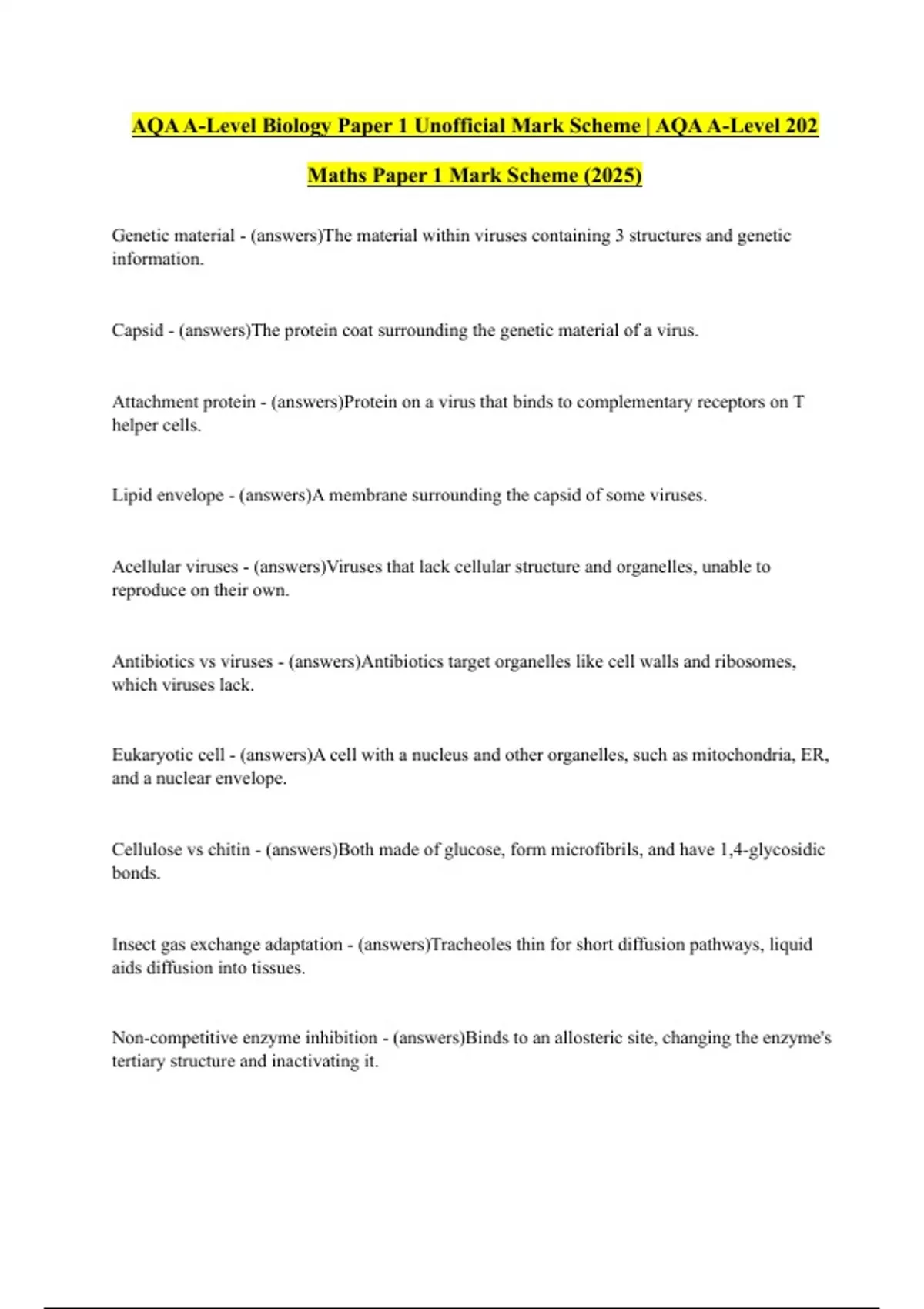 AQA A-Level Biology Paper 1 Unofficial Mark Scheme | AQA A-Level 202 Maths Paper 1 Mark Scheme ...