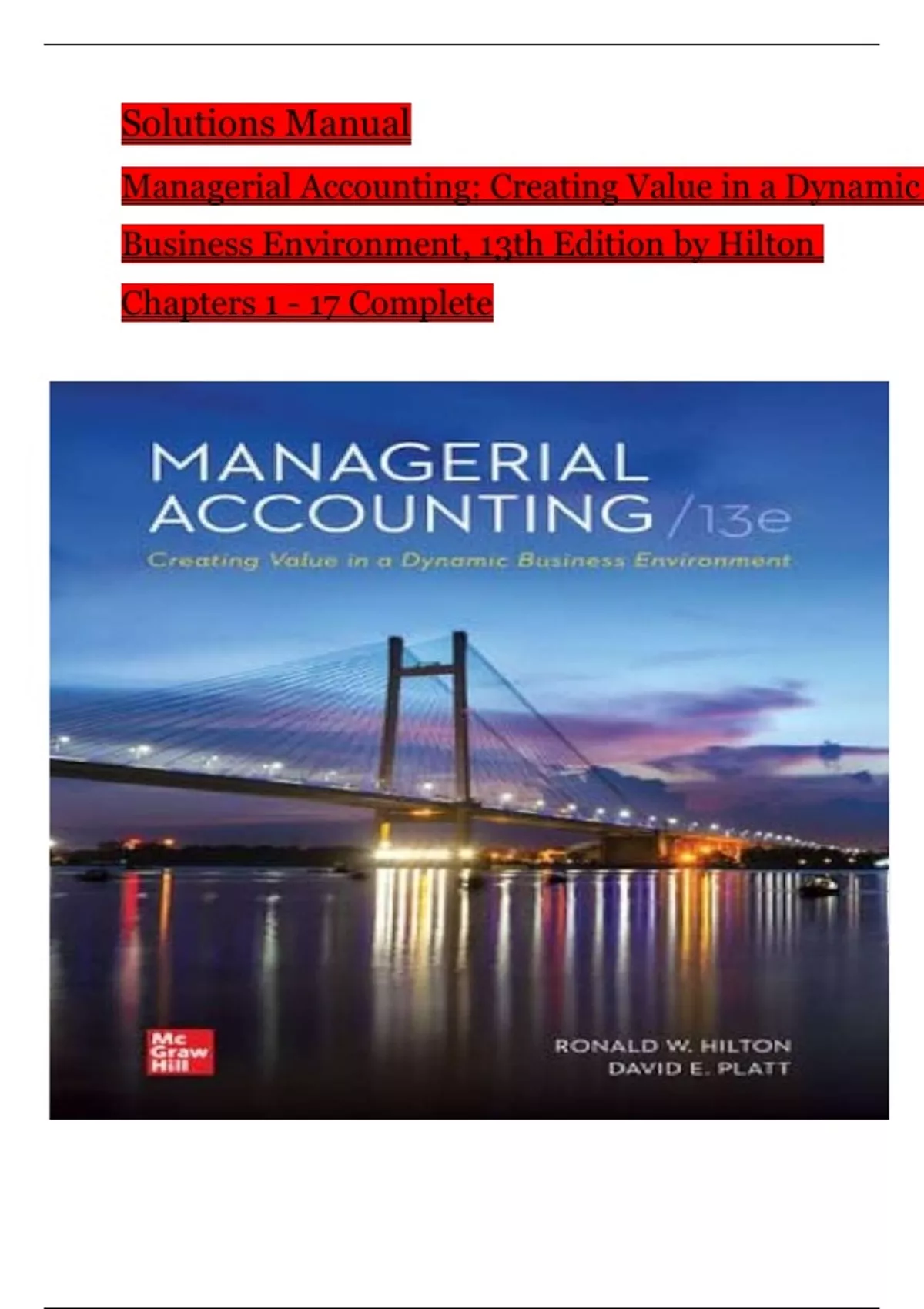Solutions Manual for Managerial Accounting: Creating Value in a Dynamic Business Environment ...
