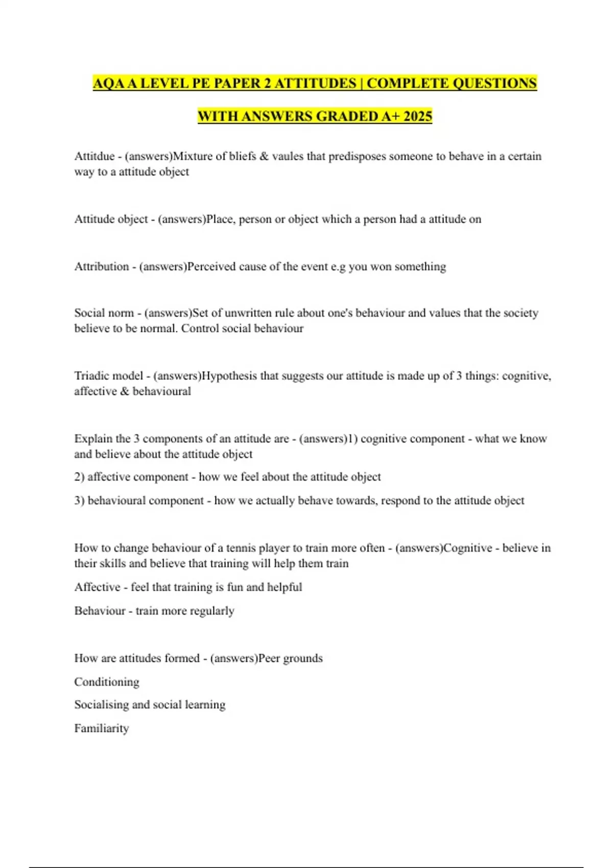 AQA A LEVEL PE PAPER 2 ATTITUDES | COMPLETE QUESTIONS WITH ANSWERS ...