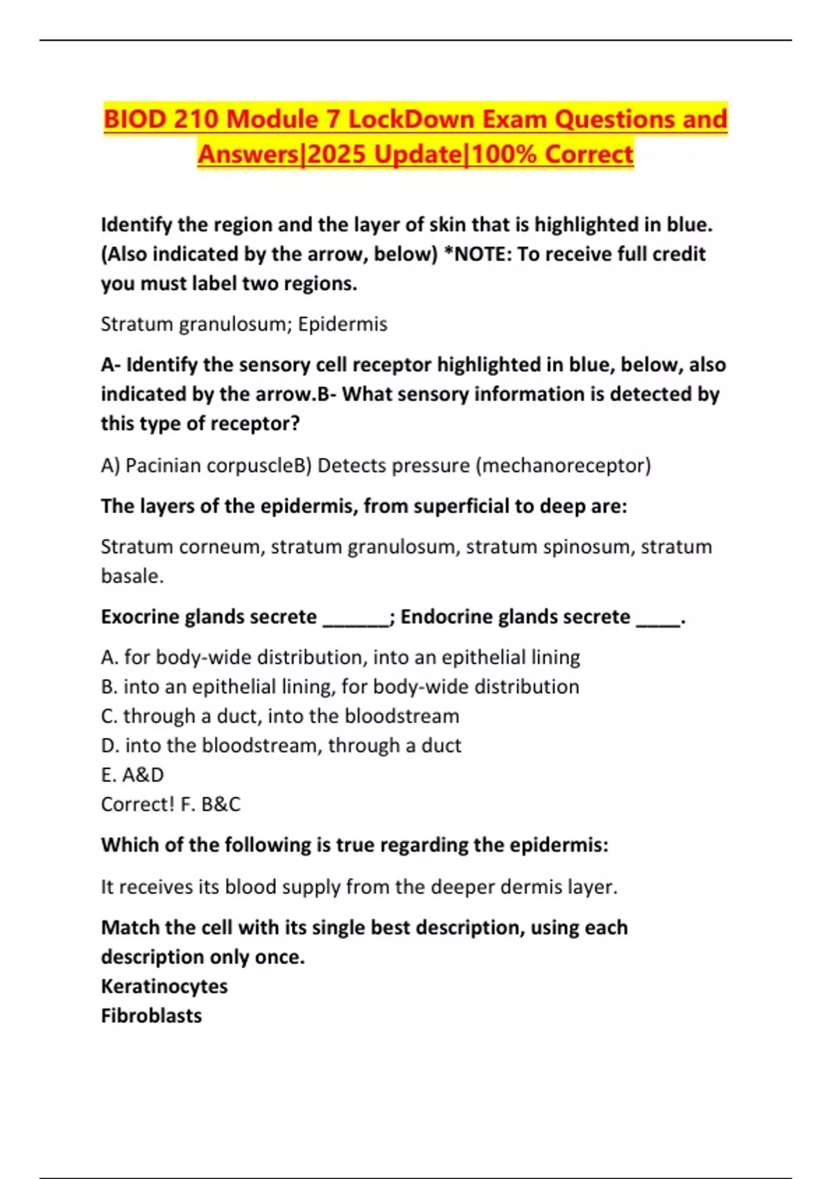 BIOD 210 Module 7 LockDown Exam Questions and Answers|2025 Update|100% ...