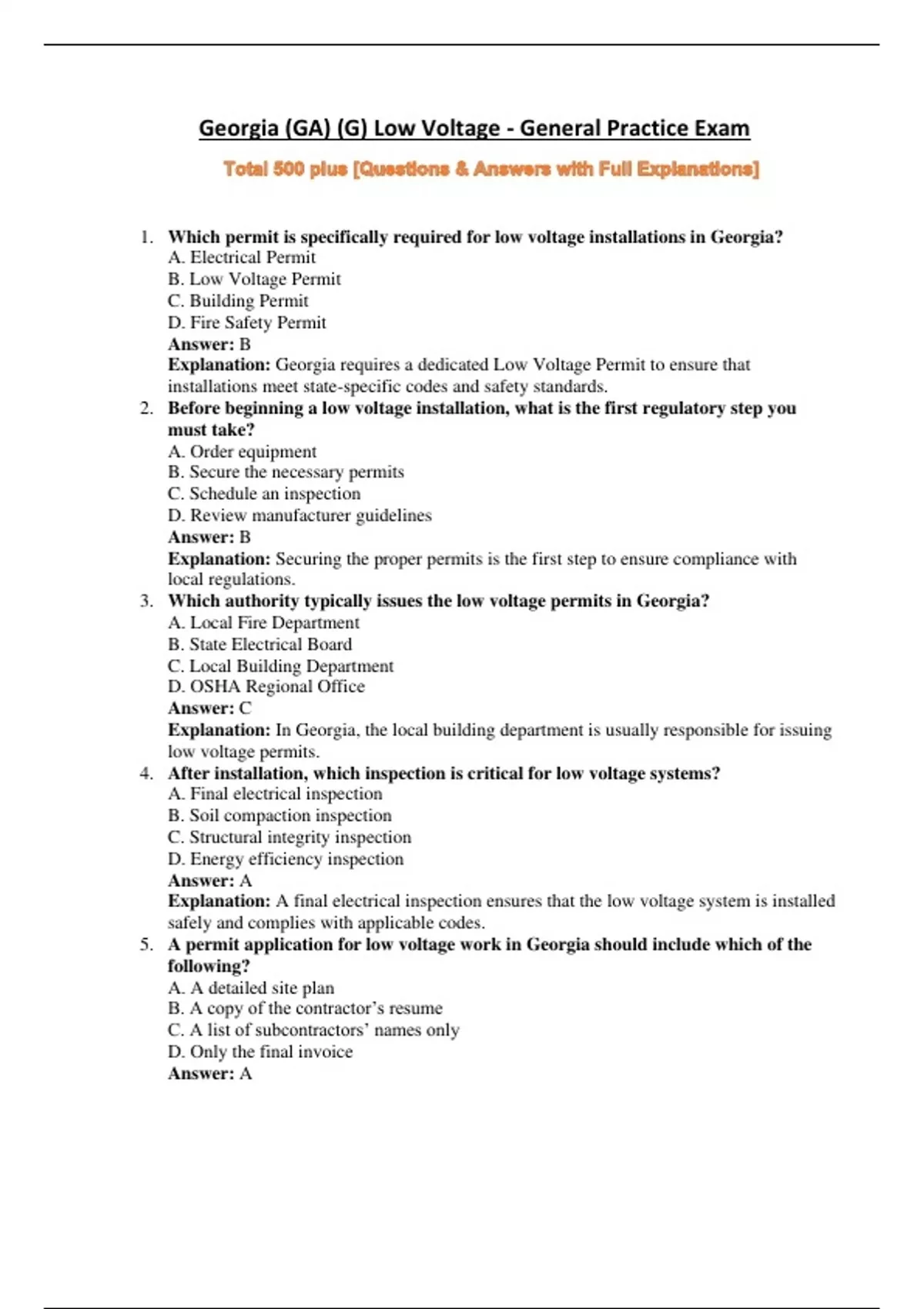 Georgia (GA) (G) Low Voltage - General Practice Exam - Computers ...