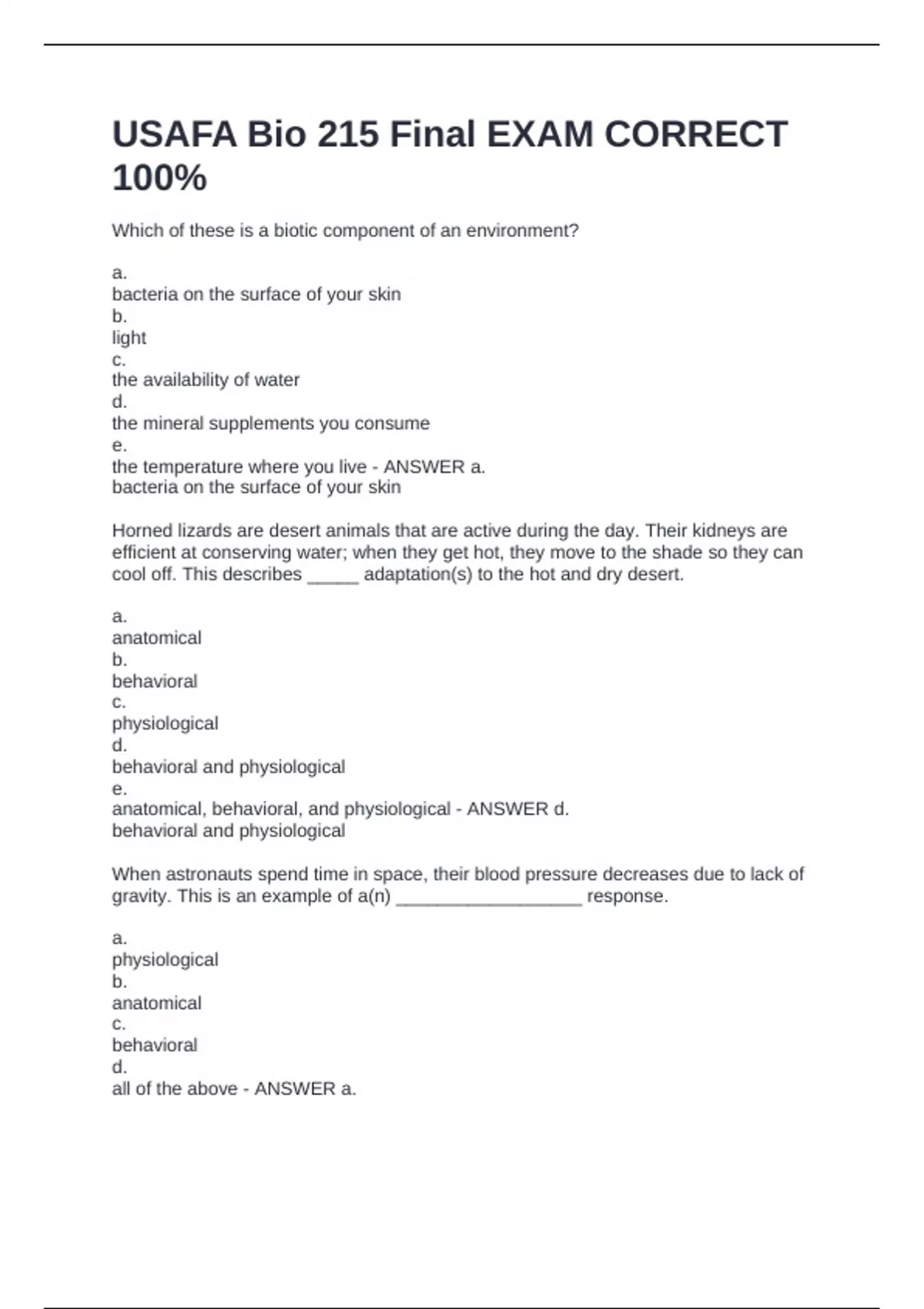 USAFA Bio 215 Final EXAM CORRECT 100% - Bio 215 - Stuvia US