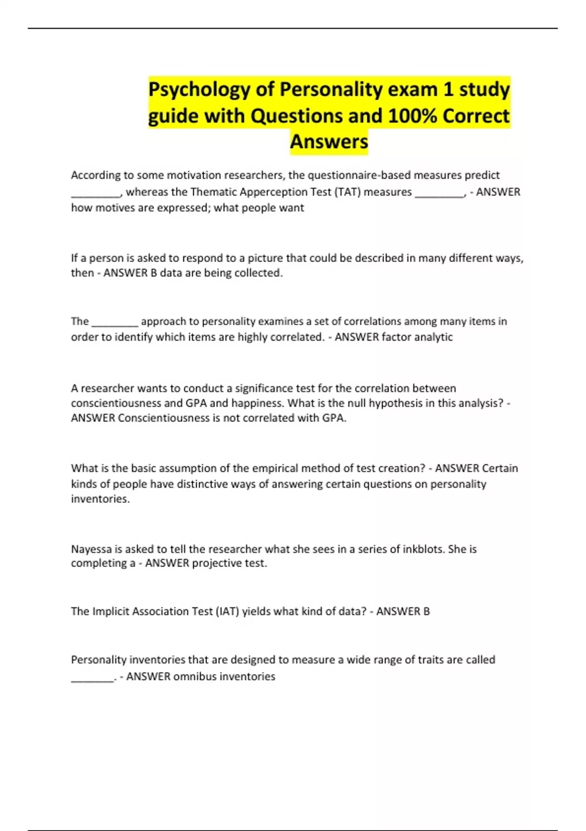 Psychology of Personality exam 1 study guide with Questions and 100% ...