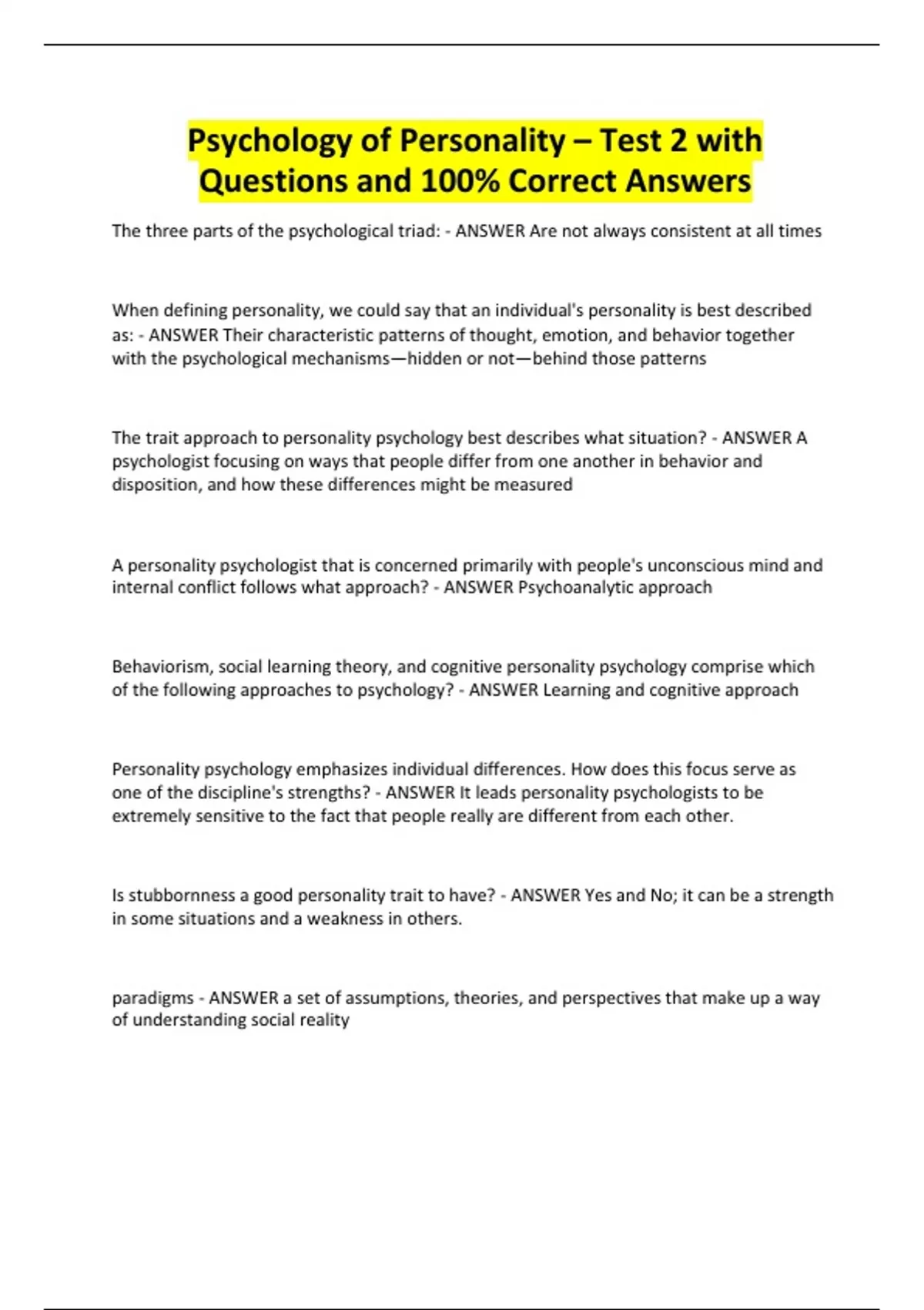 Psychology of Personality – Test 2 with Questions and 100% Correct ...