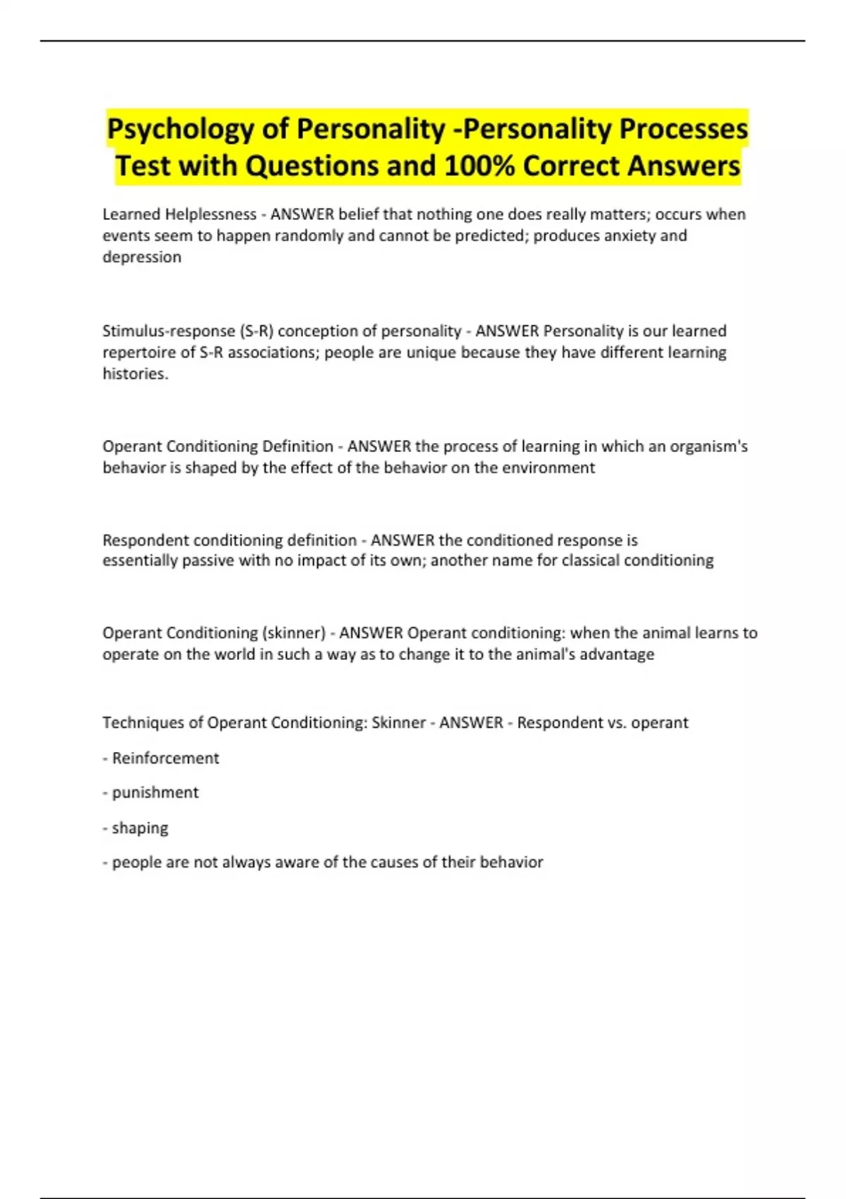 Psychology of Personality -Personality Processes Test with Questions ...