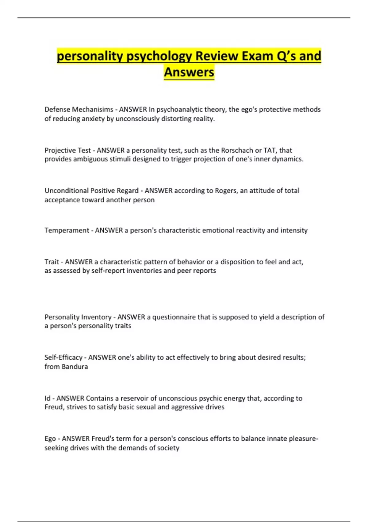 personality psychology Review Exam Q’s and Answers - Psychology of ...