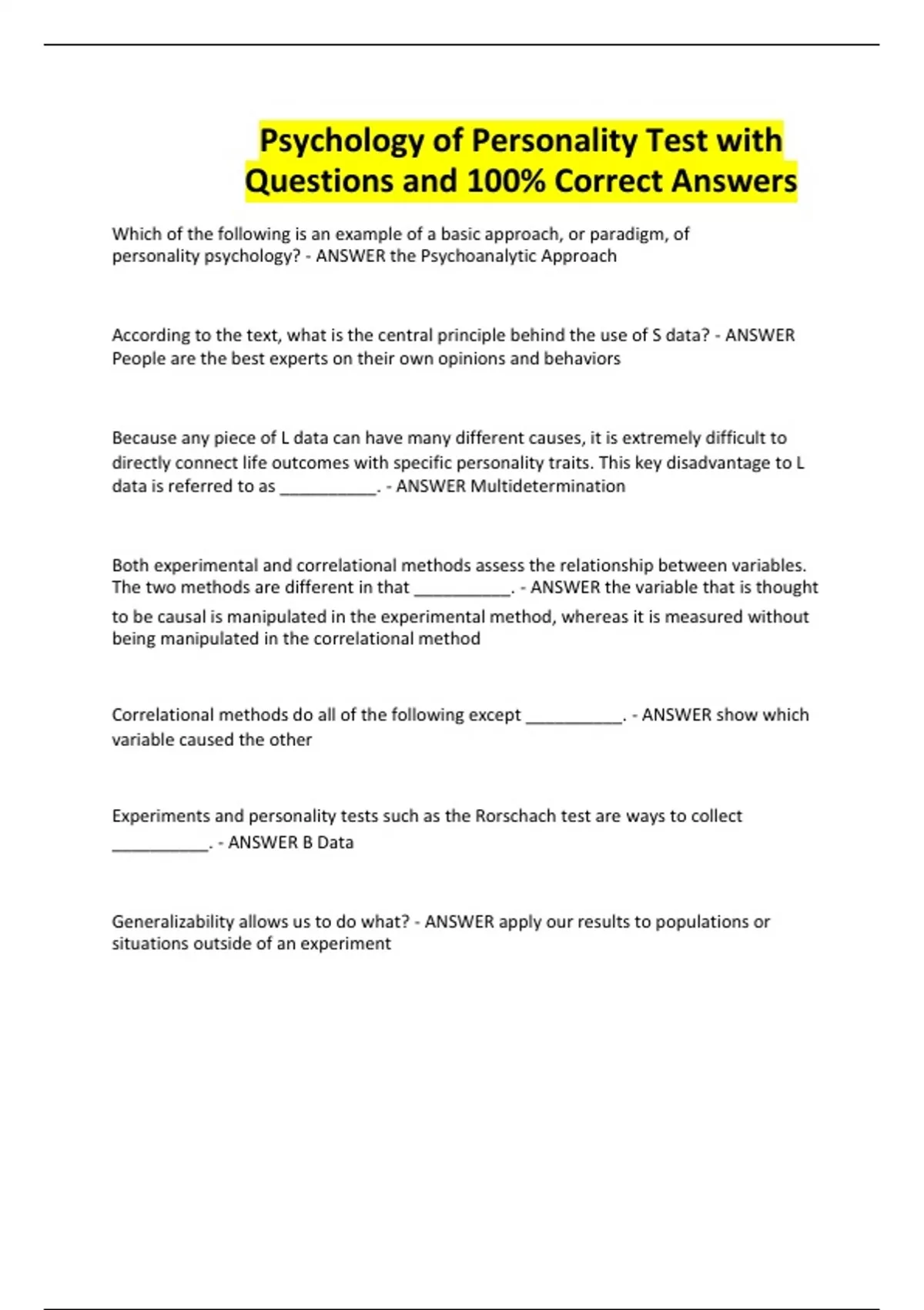 Psychology of Personality Test with Questions and 100% Correct Answers ...