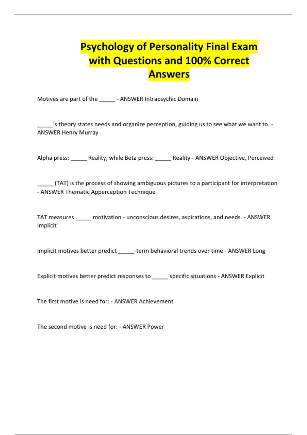 Psychology of Personality Final Exam with Questions and 100% Correct Answers - Psychology of ...