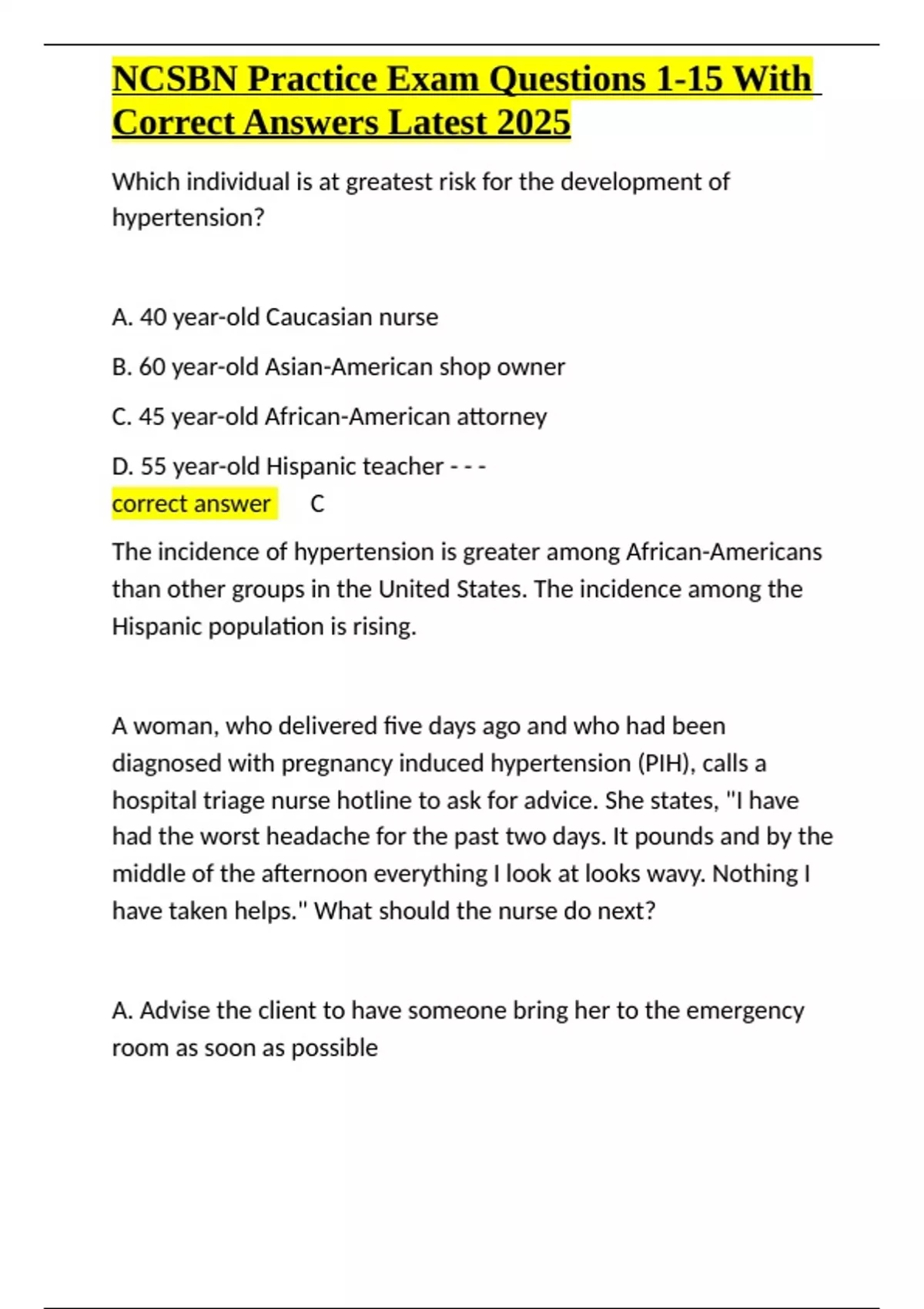 NCSBN Practice Exam Questions 1-15 With Correct Answers Latest 2025 ...