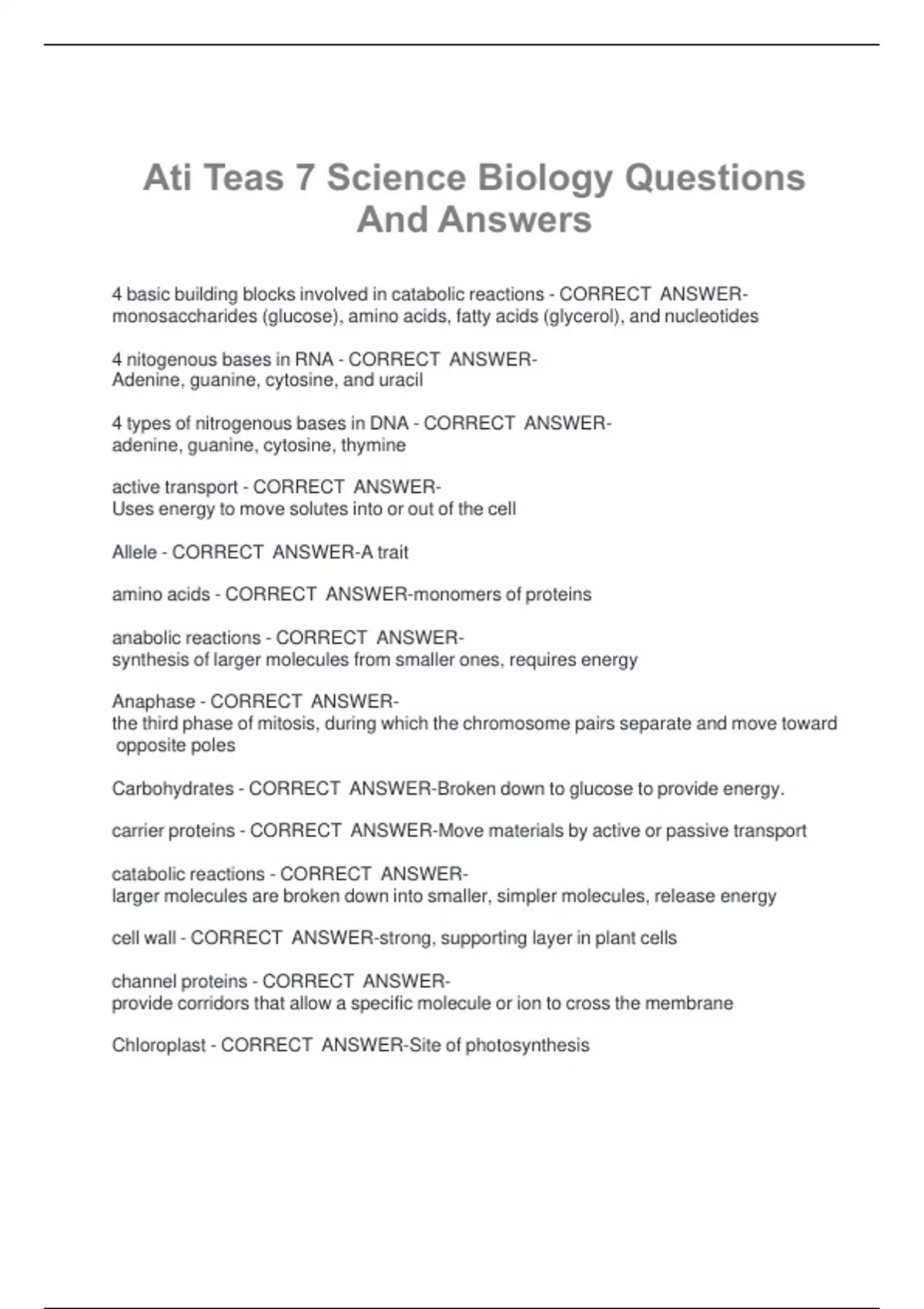 Ati Teas 7 Science Biology Questions And Answers - Ati Teas 7 Science ...