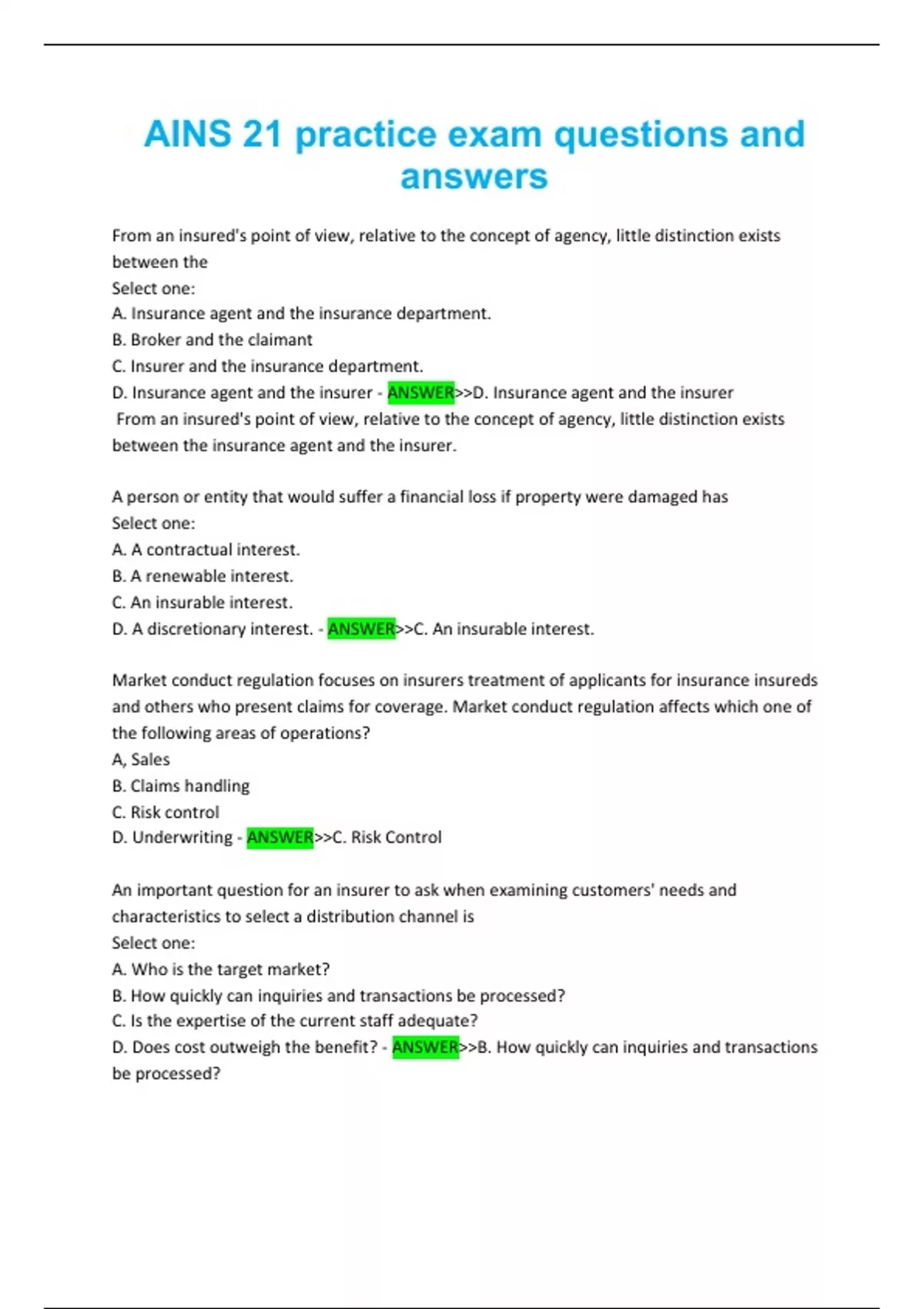 AINS 21 practice exam questions and answers - Ains - Stuvia US