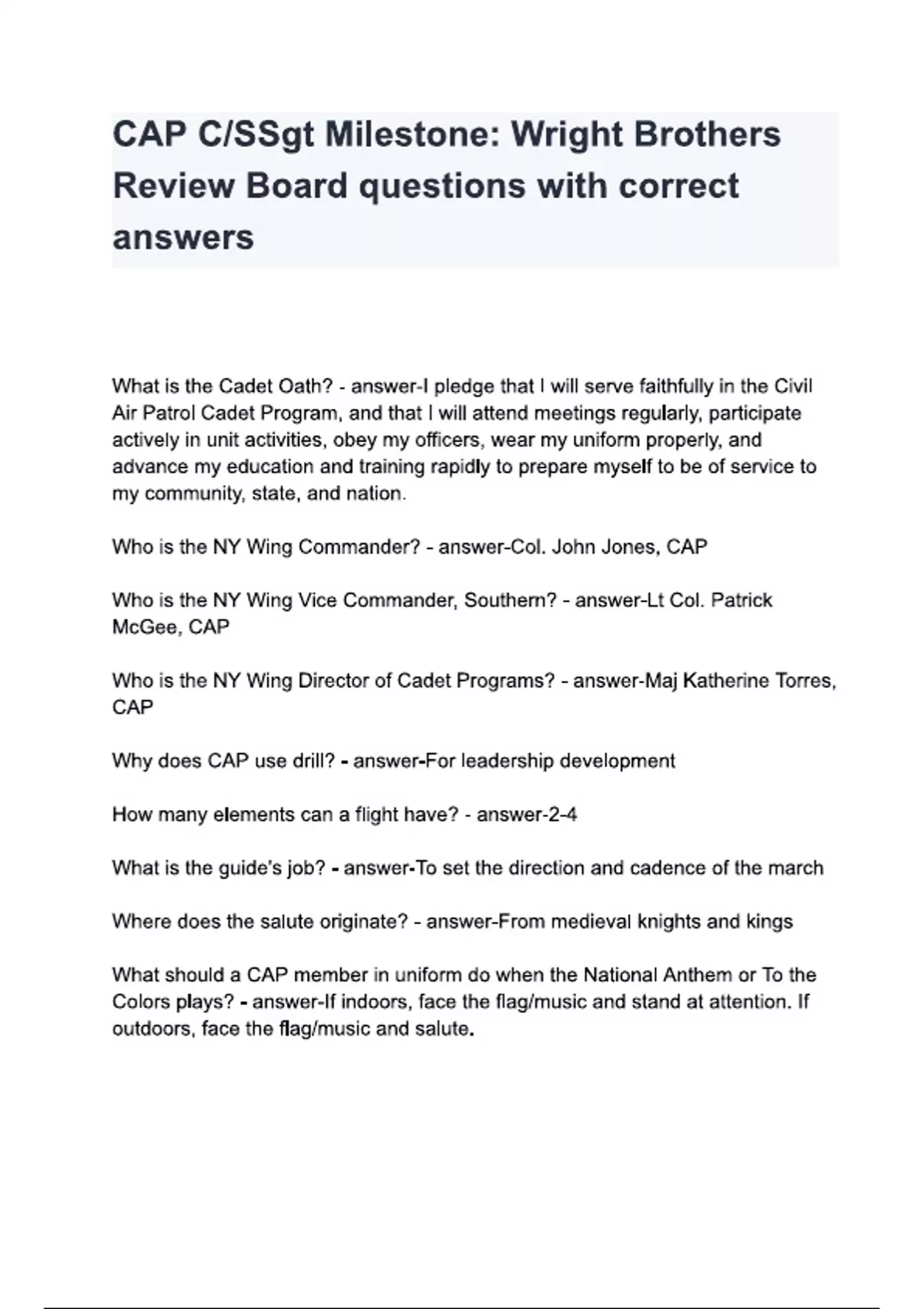 CAP C-SSgt Milestone Wright Brothers Review Board questions with ...