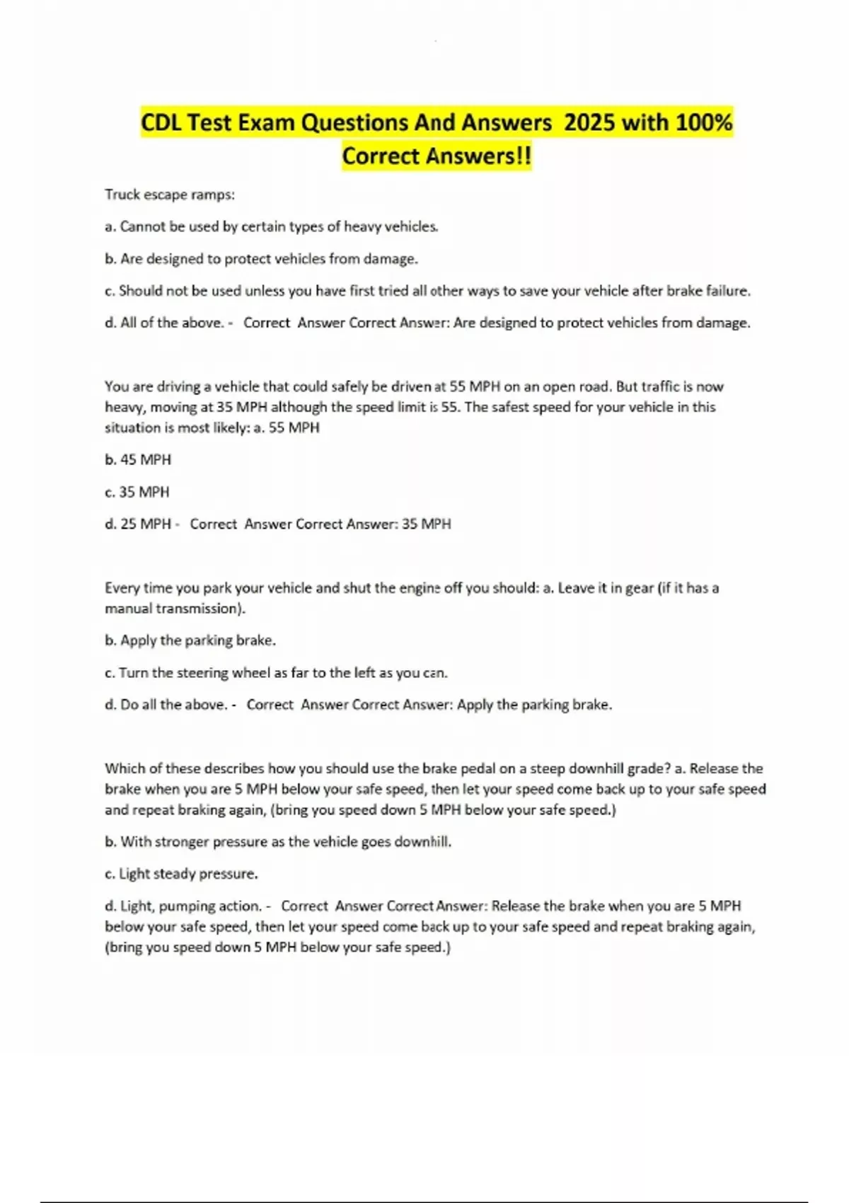 CDL Test Exam Questions And Answers 2025 with 100% Correct Answers ...