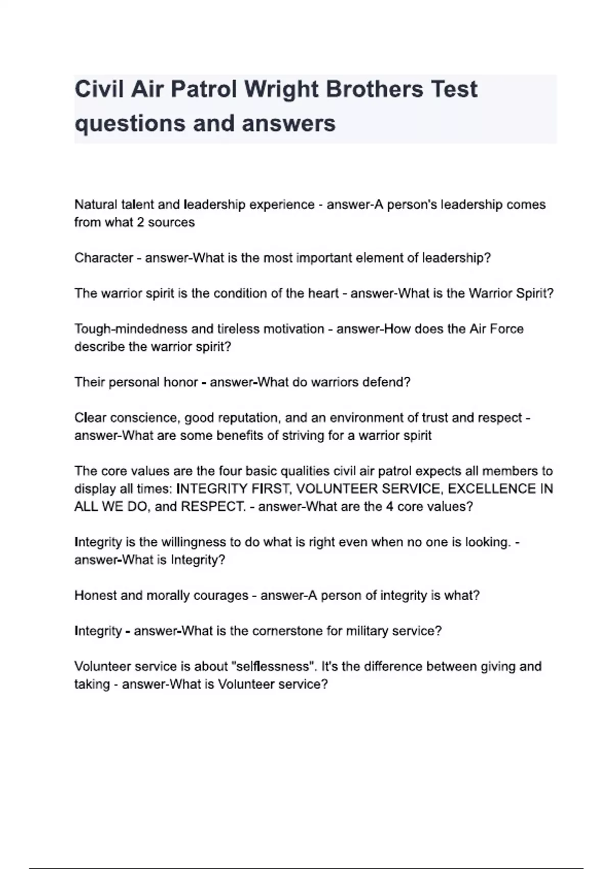 Civil Air Patrol Wright Brothers Test questions and answers - CAP ...