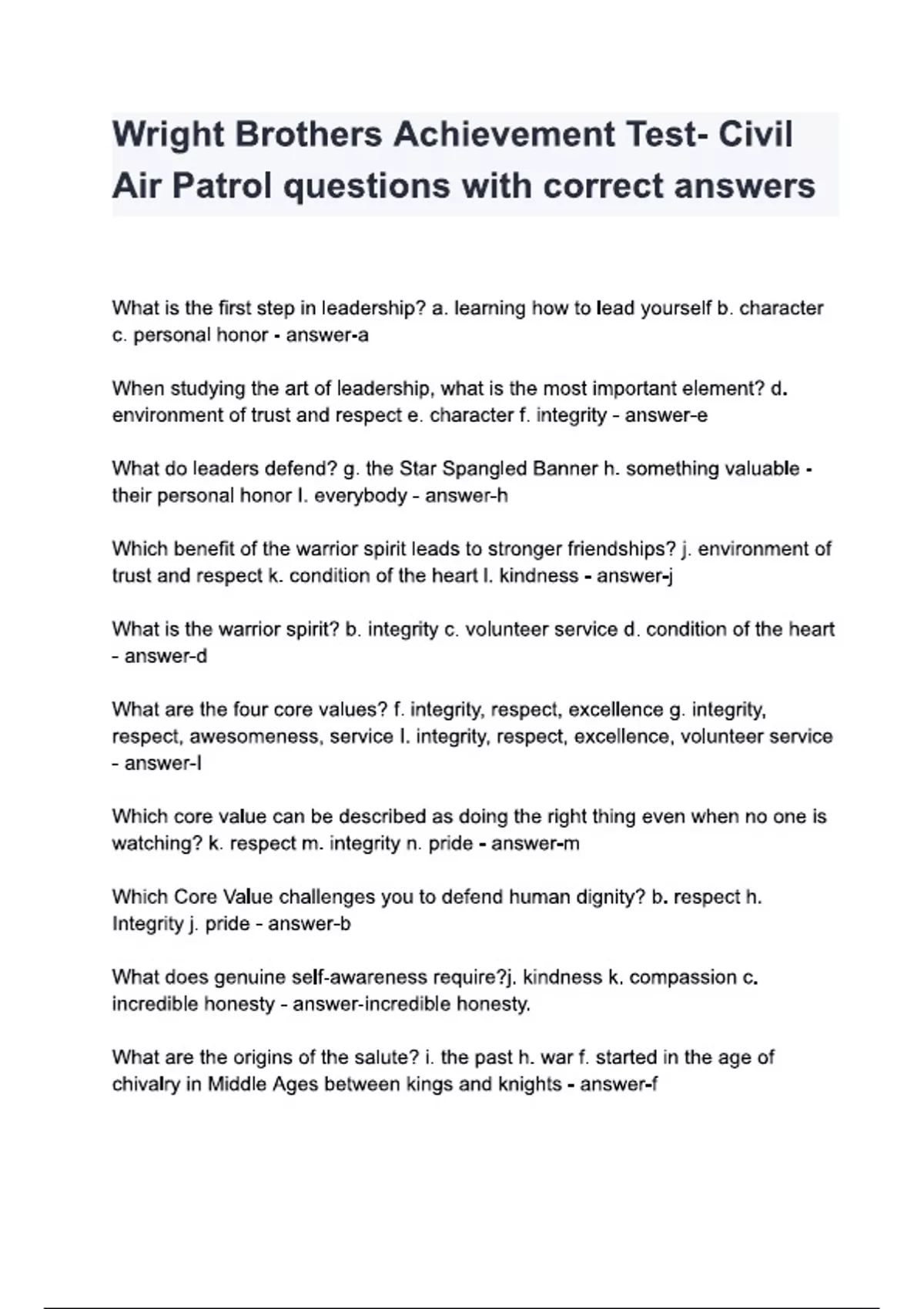 Wright Brothers Achievement Test- Civil Air Patrol questions with ...