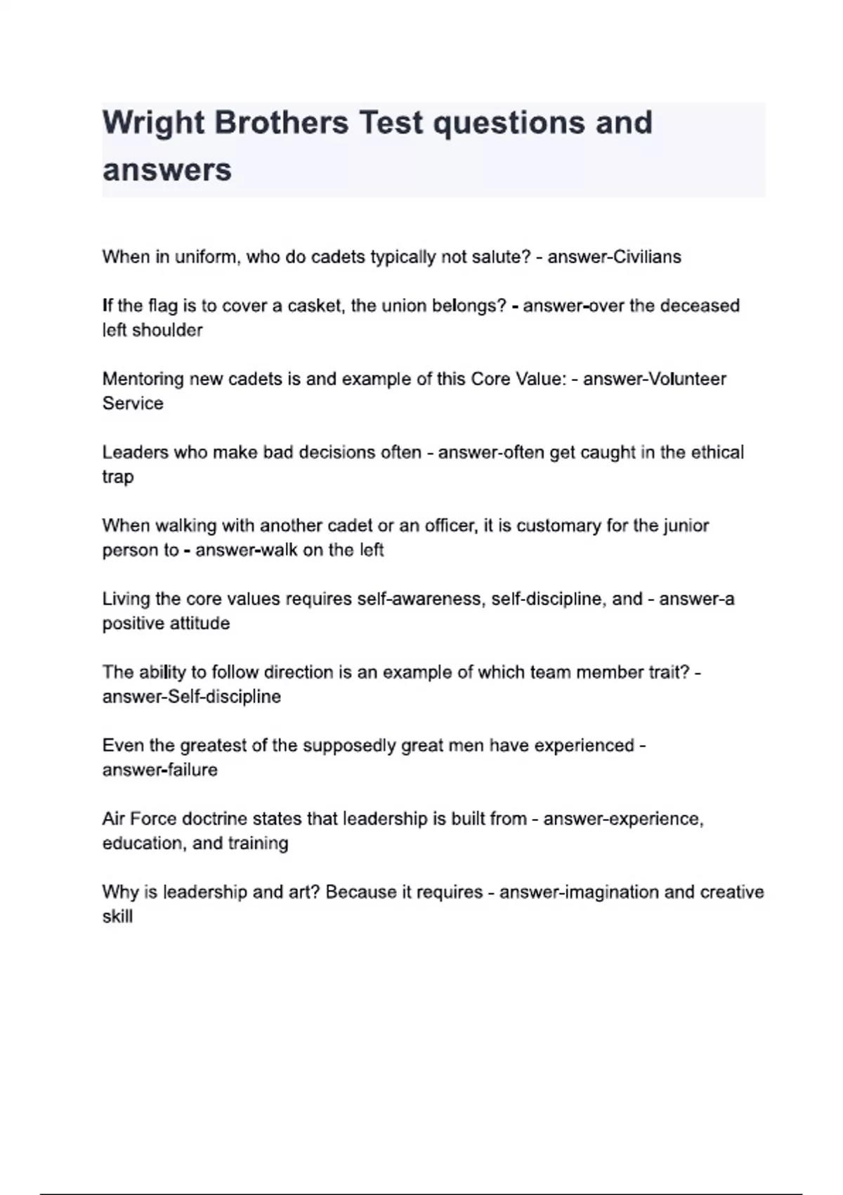 Wright Brothers Test questions and answers - CAP - Civil Air Patrol ...