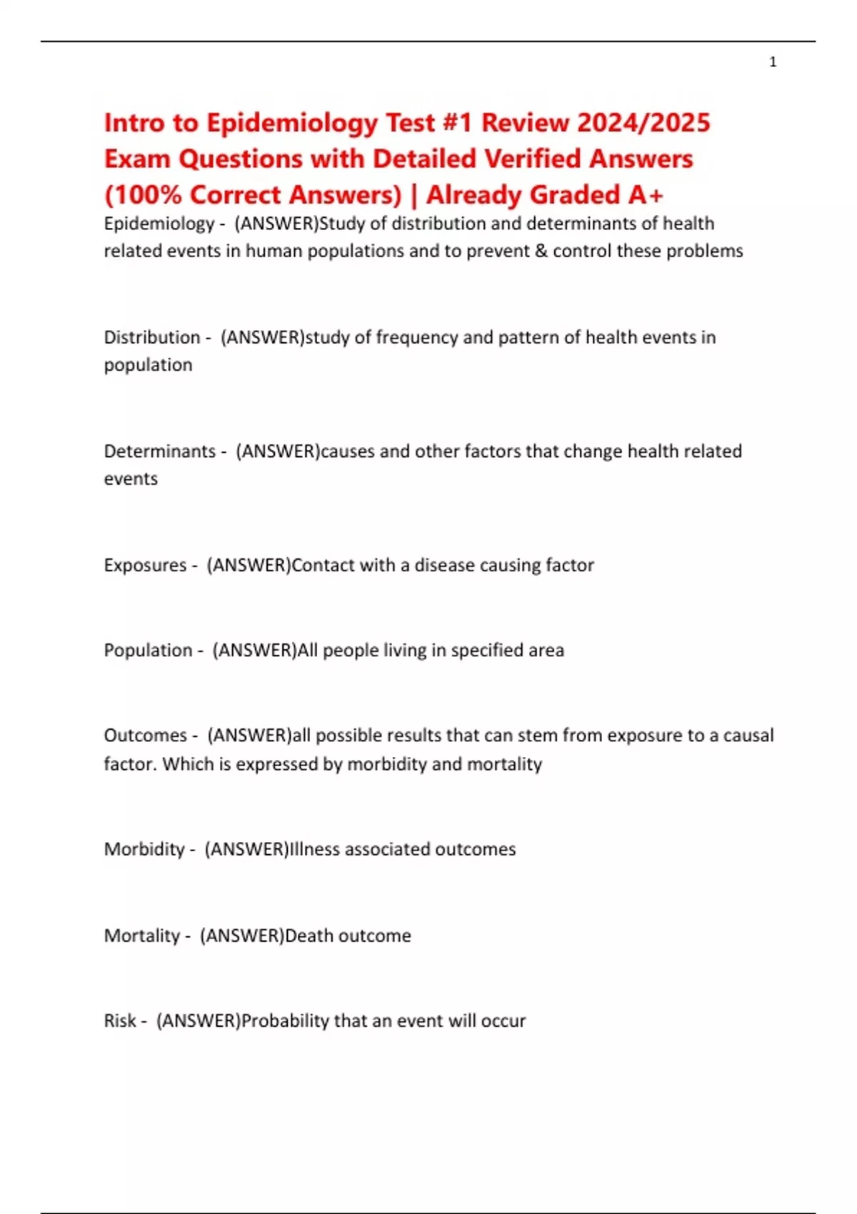 Intro to Epidemiology Test #1 Review 2024/2025 Exam Questions with ...