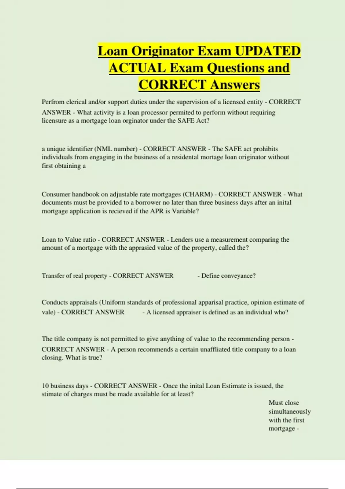 Loan Originator Exam UPDATED ACTUAL Exam Questions and CORRECT Answers ...