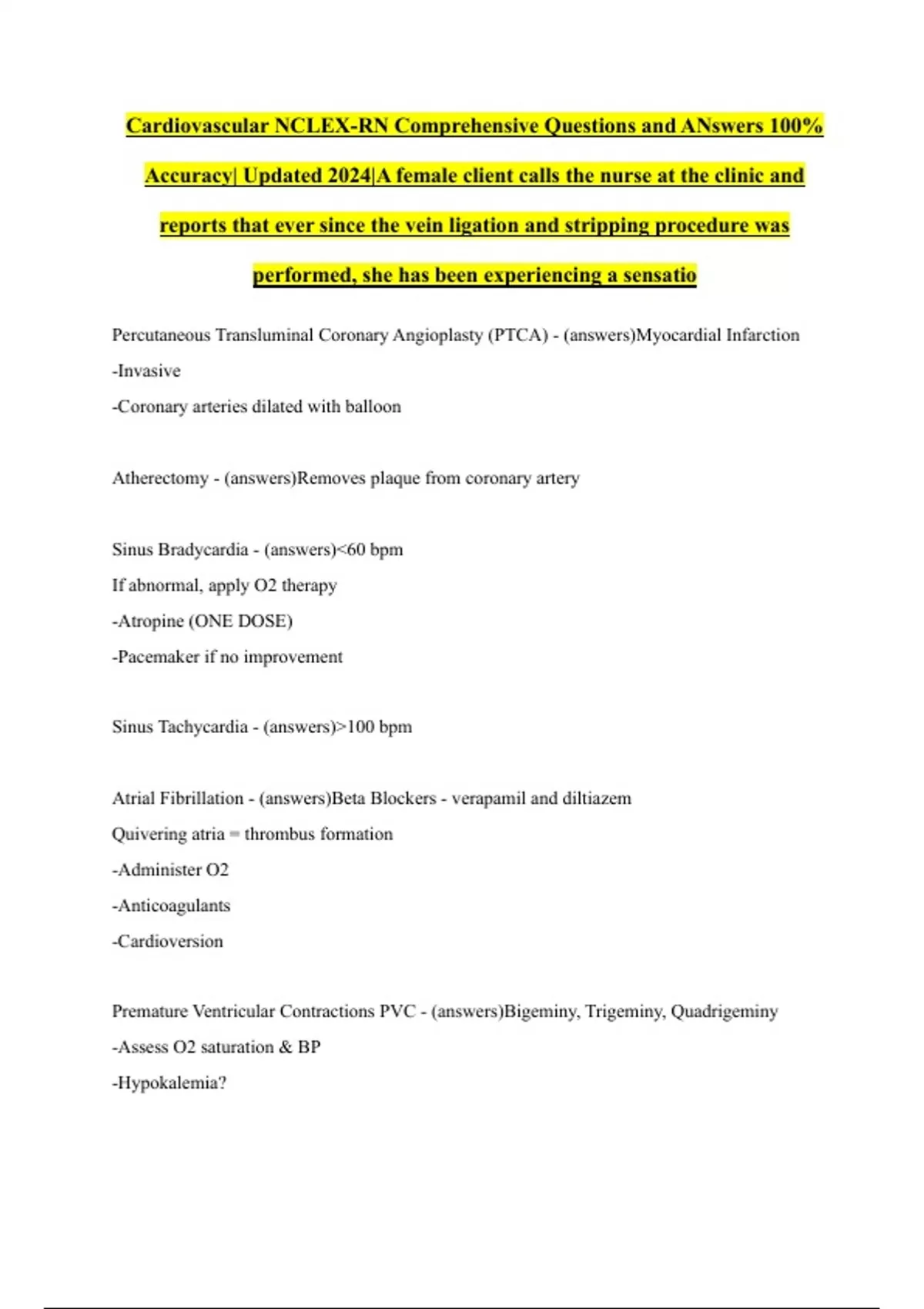 Cardiovascular NCLEX-RN Comprehensive Questions and ANswers 100% ...