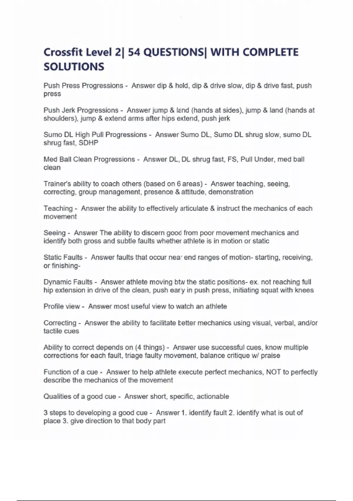 Crossfit Level 2| 54 QUESTIONS| WITH COMPLETE SOLUTIONS - CrossFit ...