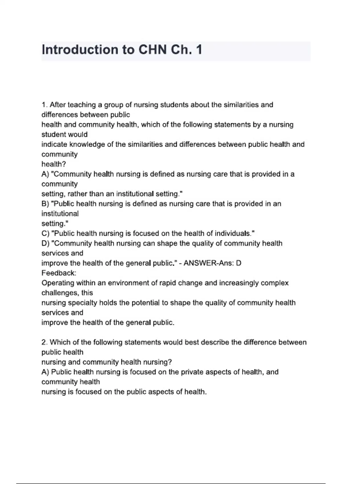Introduction to CHN Ch. 1 questions and answers - Community Health ...
