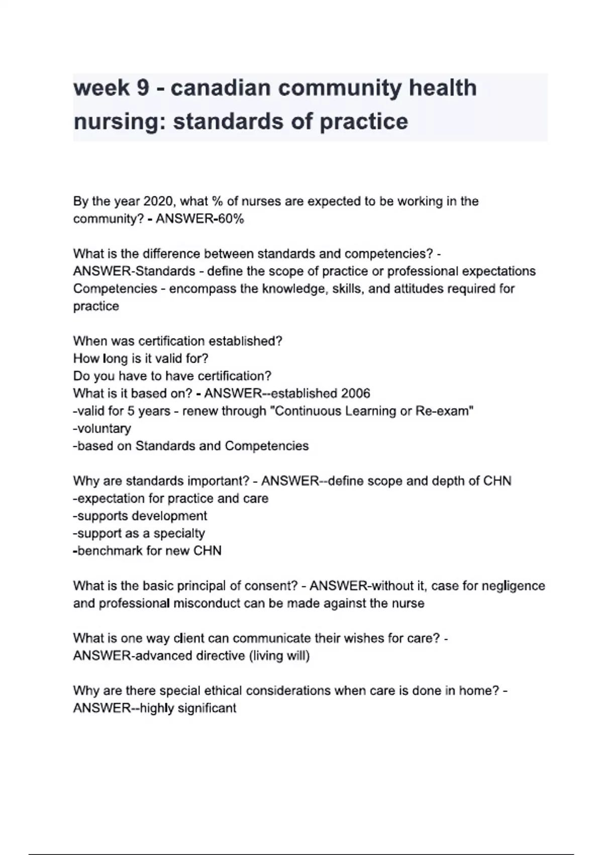 week 9 - canadian community health nursing standards of practice questions and answers ...