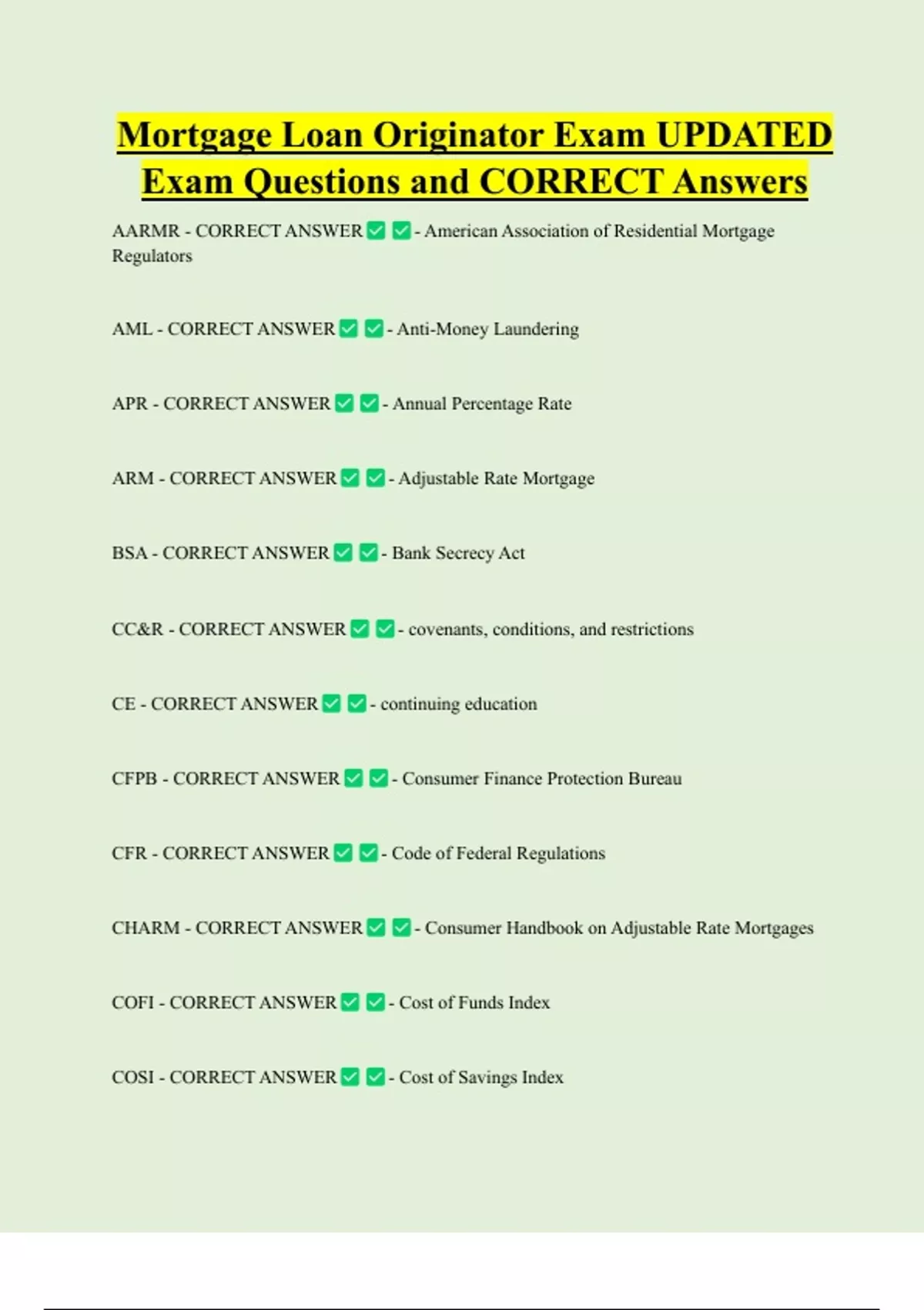 Mortgage Loan Originator Exam UPDATED Exam Questions and CORRECT ...