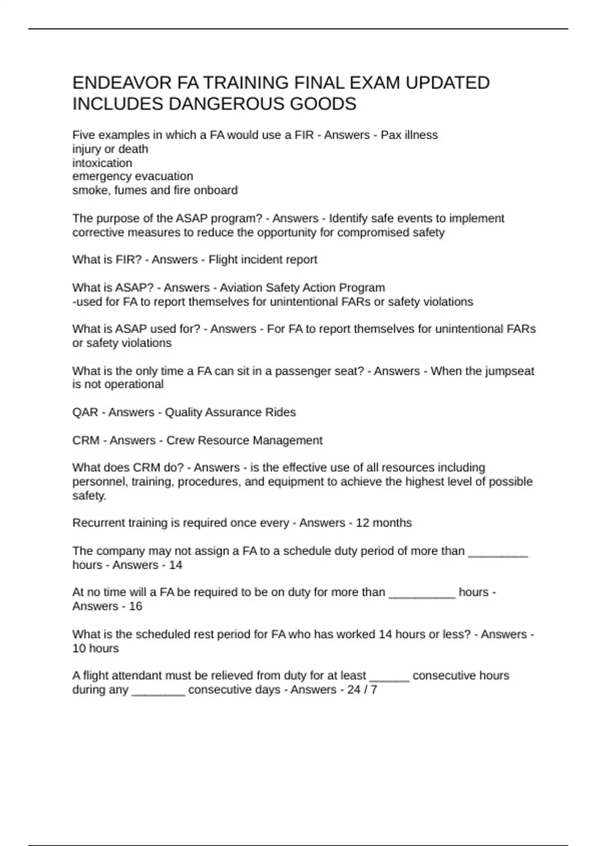 ENDEAVOR FA TRAINING FINAL EXAM UPDATED INCLUDES DANGEROUS GOODS ...