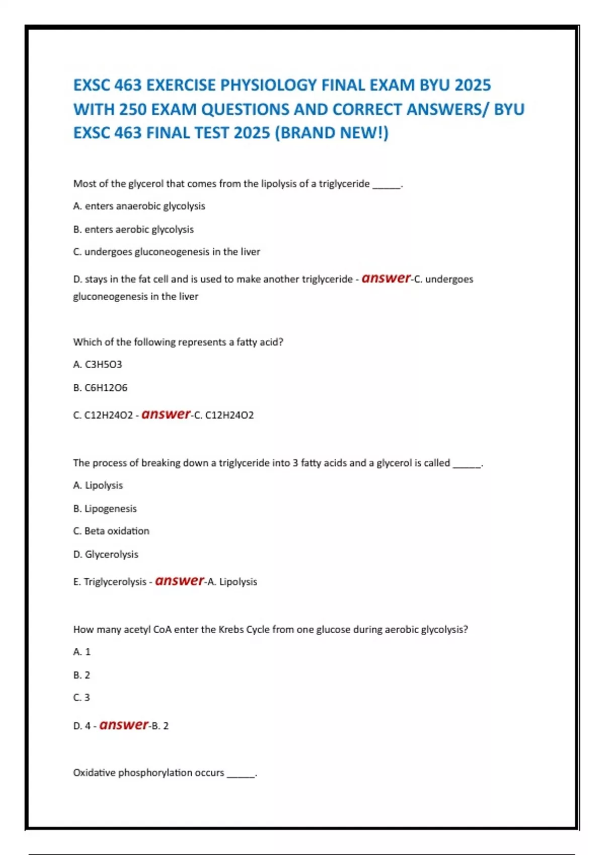 EXSC 463 EXERCISE PHYSIOLOGY FINAL EXAM BYU 2025 WITH 250 EXAM QUESTIONS AND CORRECT ANSWERS ...