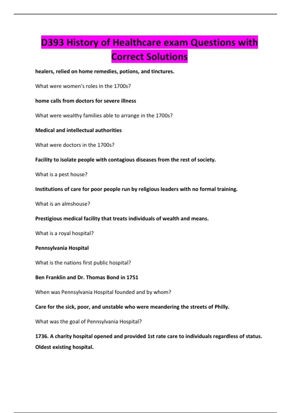D393 History of Healthcare exam Questions with Correct Solutions - D393 ...