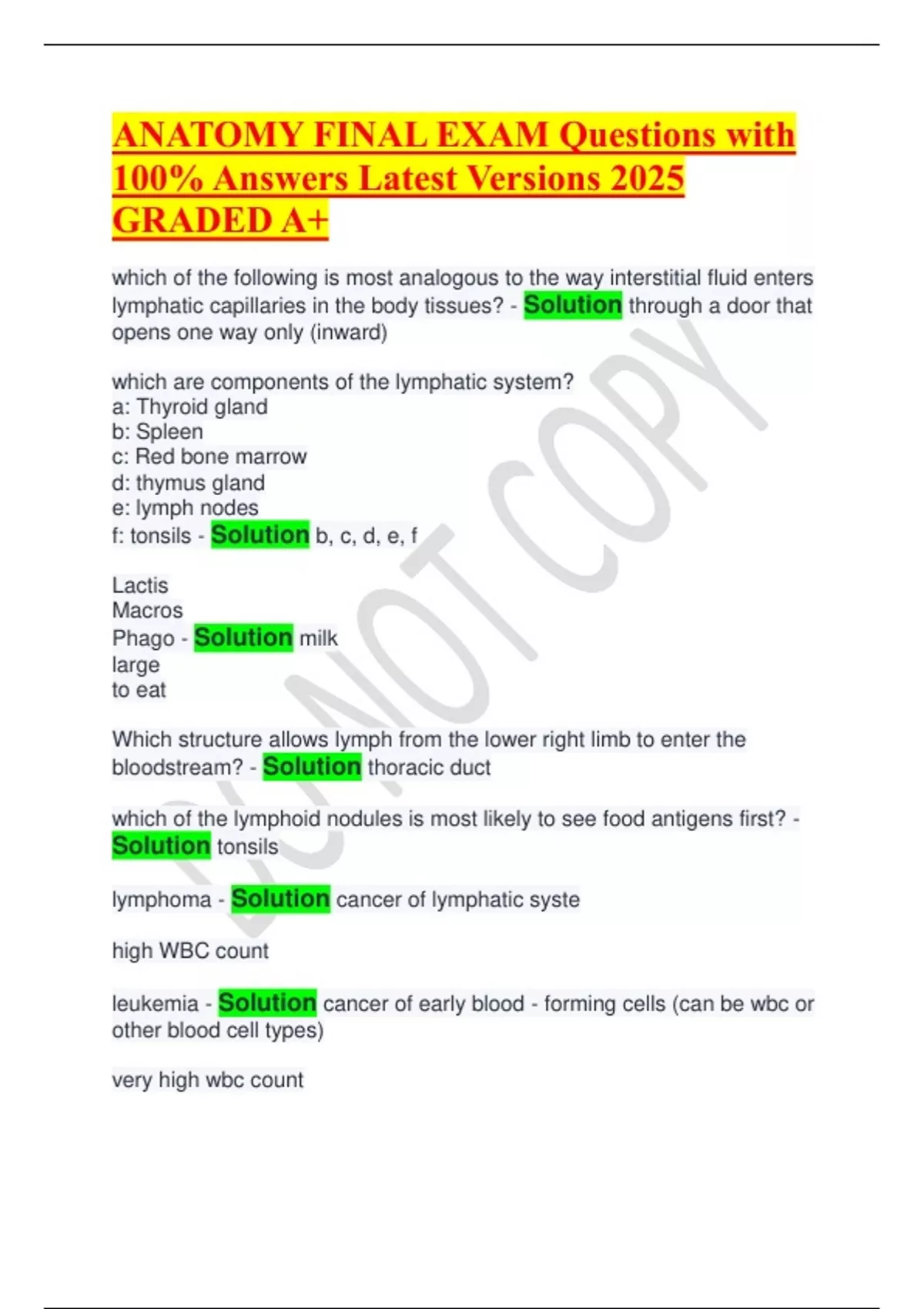 ANATOMY FINAL EXAM Questions with 100- Answers Latest Versions 2025 ...
