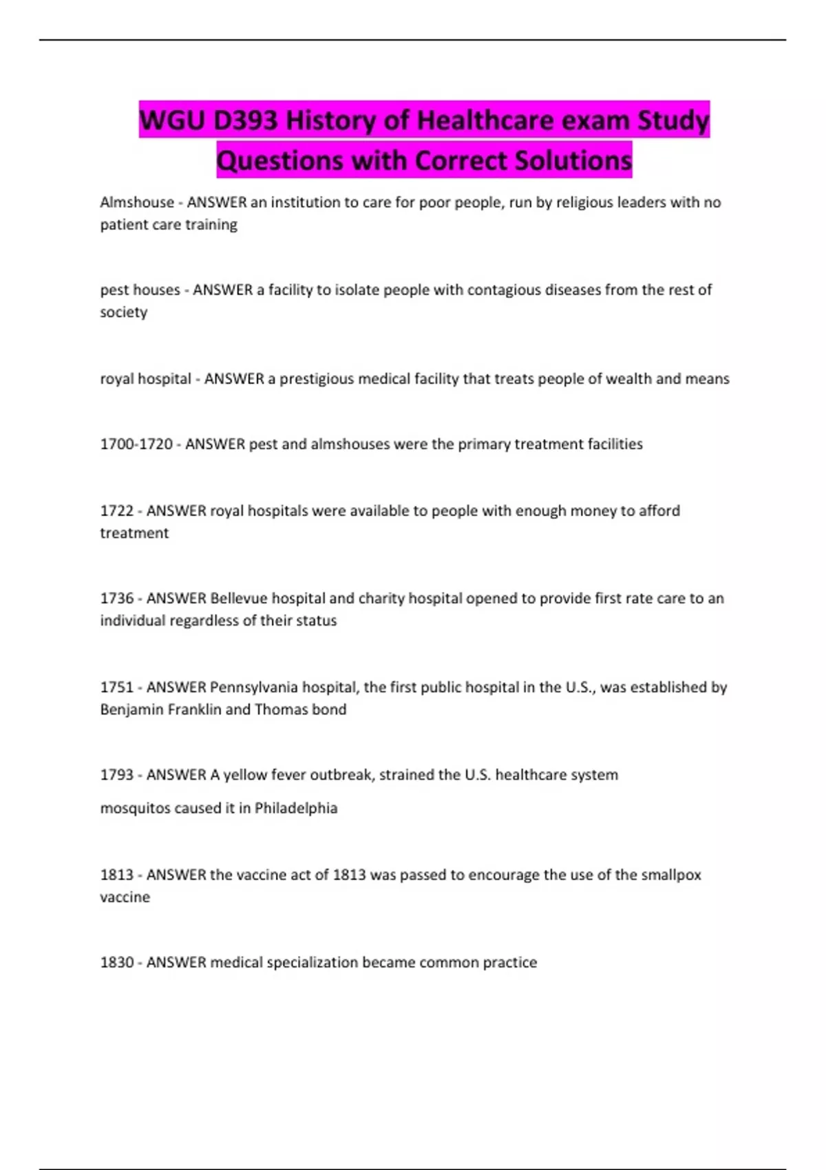 WGU D393 History of Healthcare exam Study Questions with Correct ...