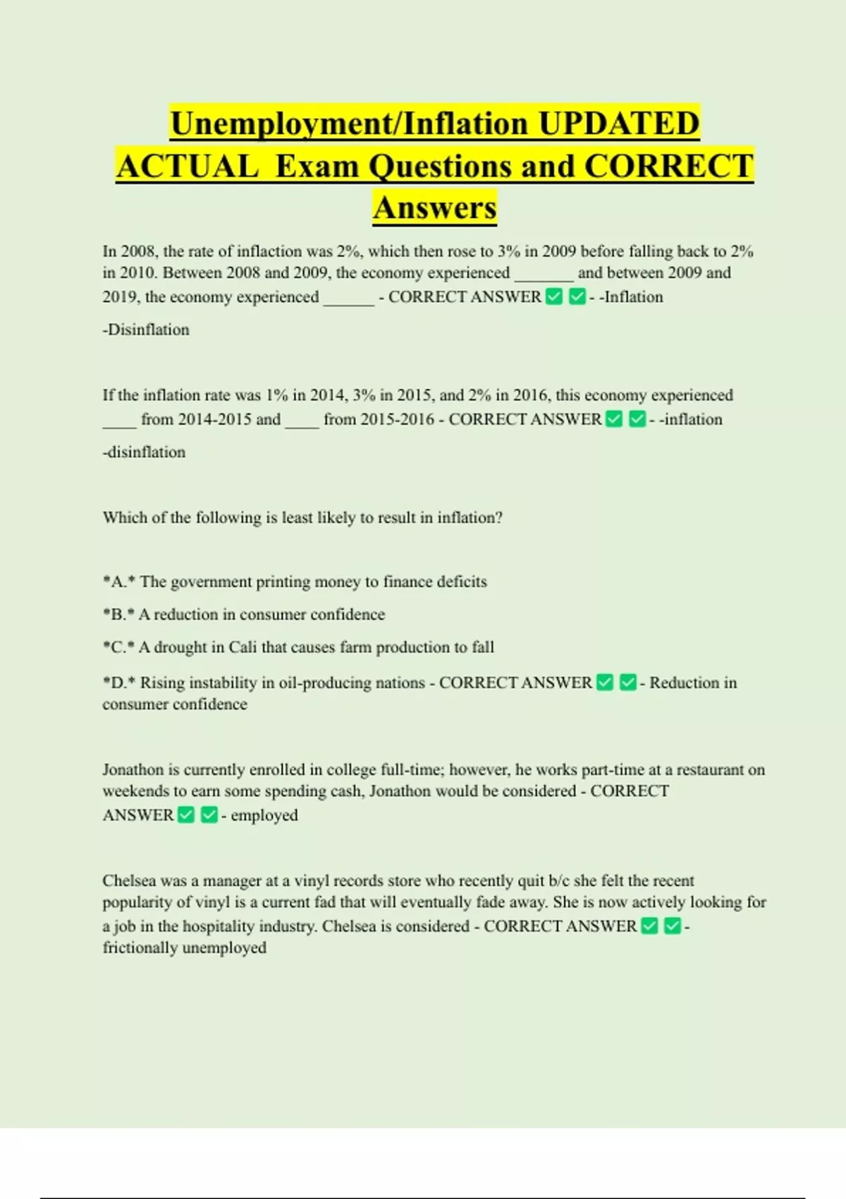 Unemployment/Inflation UPDATED ACTUAL Exam Questions and CORRECT ...