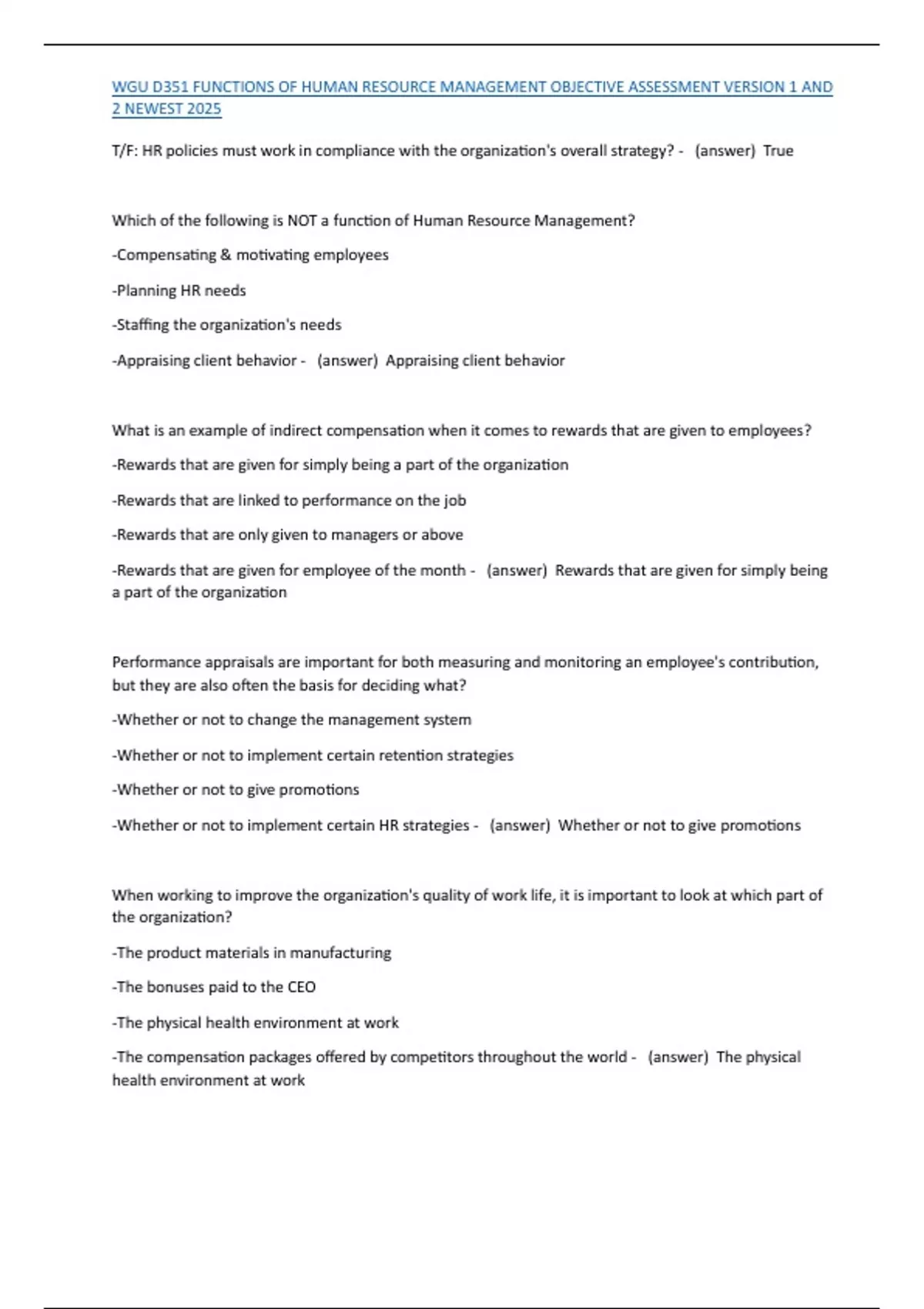 WGU D351 FUNCTIONS OF HUMAN RESOURCE MANAGEMENT OBJECTIVE ASSESSMENT ...