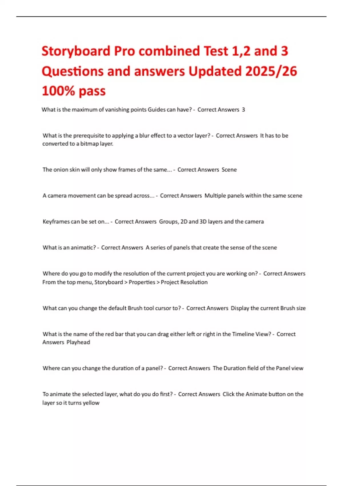 Storyboard Pro combined Test 1,2 and 3 Questions and answers Updated ...