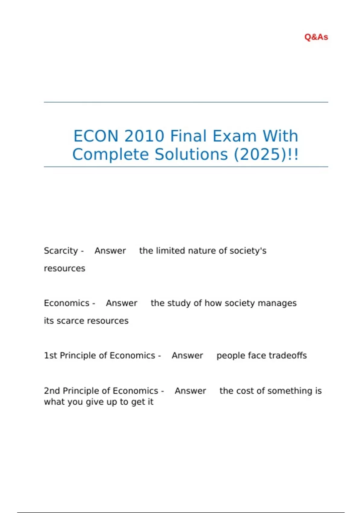ECON 2010 Final Exam With Complete Solutions (2025)!! - ECON 2010 - Stuvia US
