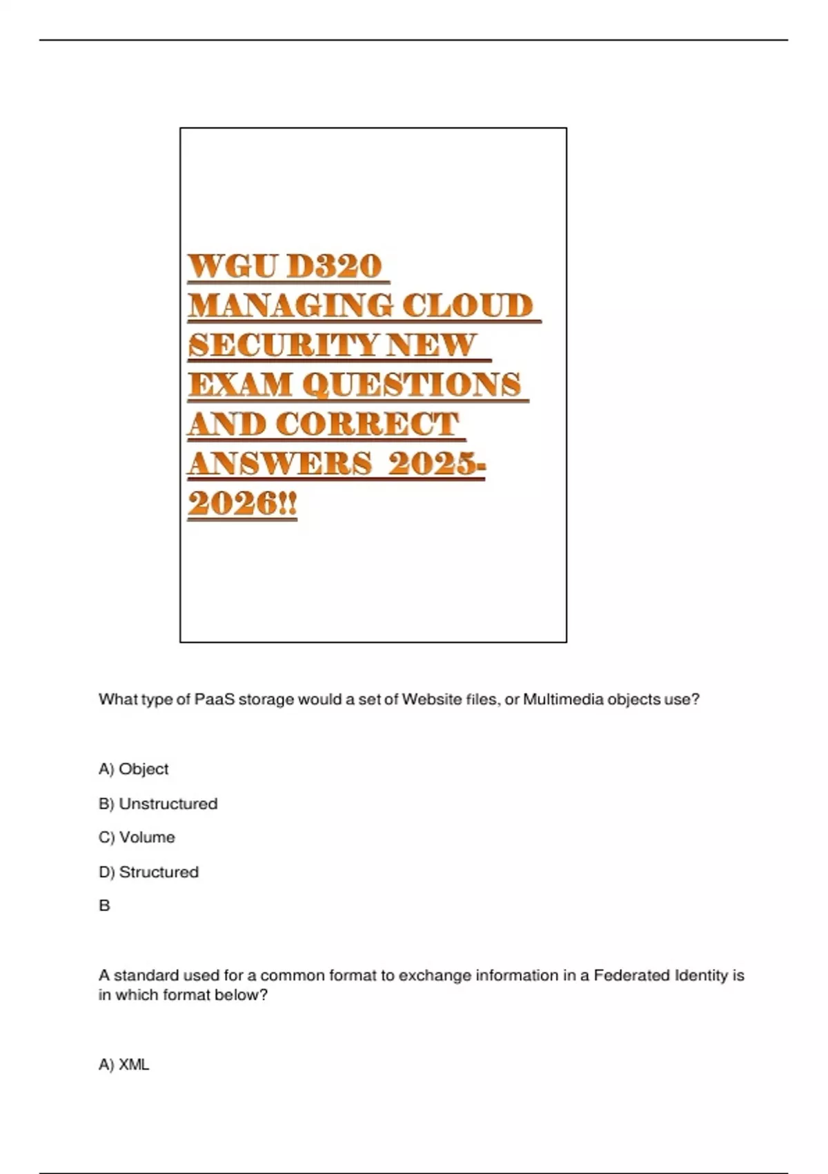 WGU D320 MANAGING CLOUD SECURITY NEW EXAM QUESTIONS AND CORRECT ANSWERS ...