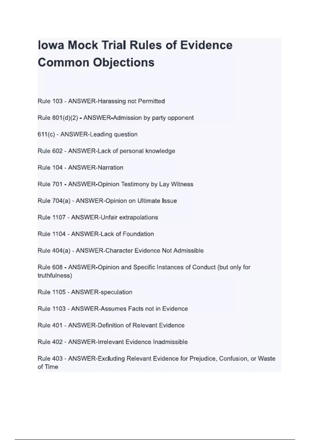 Iowa Mock Trial Rules of Evidence Common Objections questions and ...