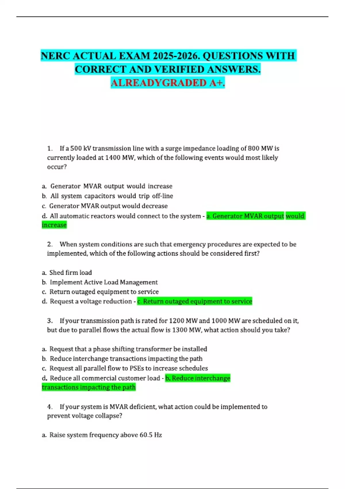 NERC ACTUAL EXAM . QUESTIONS WITH CORRECT AND VERIFIED ANSWERS ...