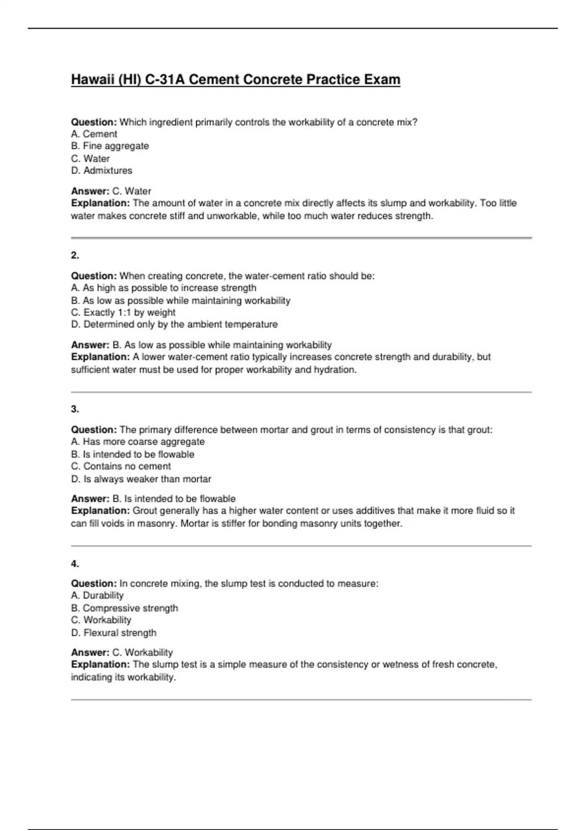 Hawaii (HI) C‑31A Cement Concrete Practice Exam - Computer Tech - Stuvia US