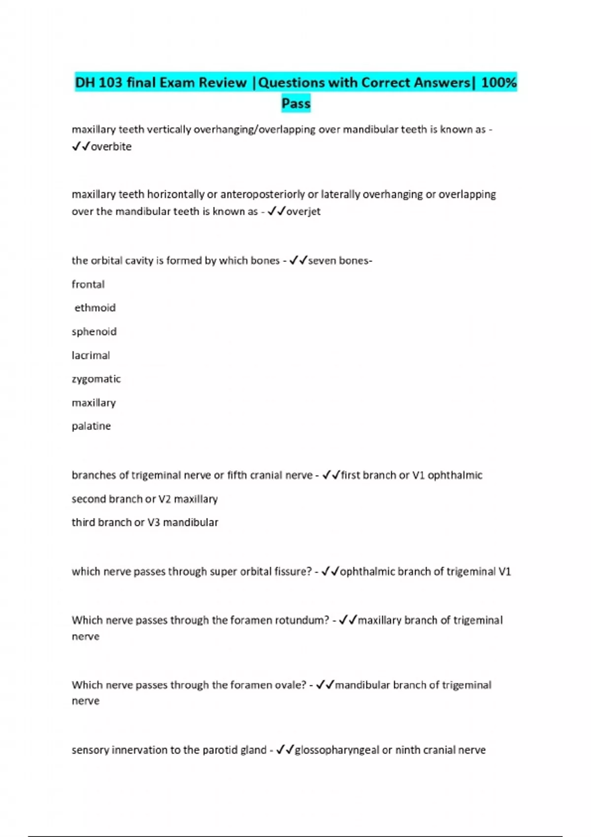 DH 103 final Exam Review |Questions with Correct Answers| 100% Pass ...
