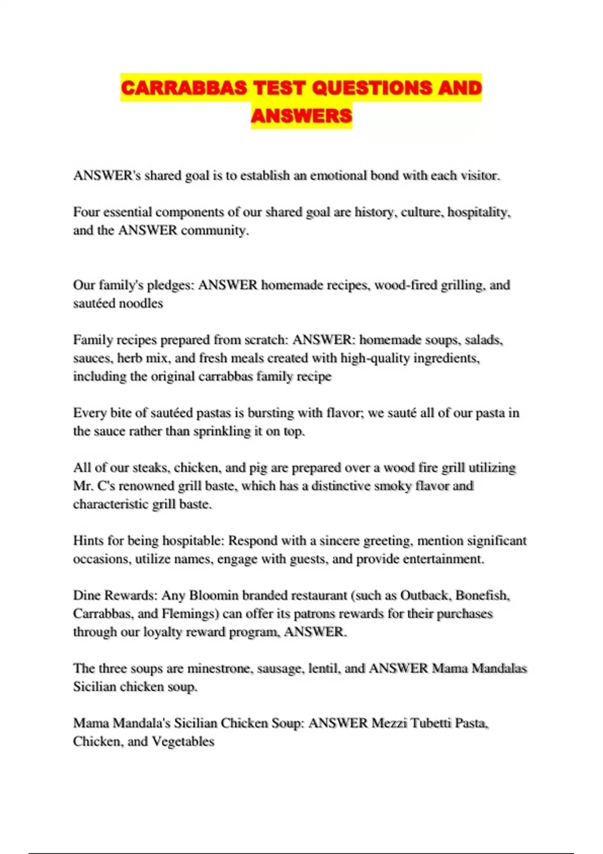 CARRABBAS TEST QUESTIONS AND ANSWERS - CARRABBAS - Stuvia US