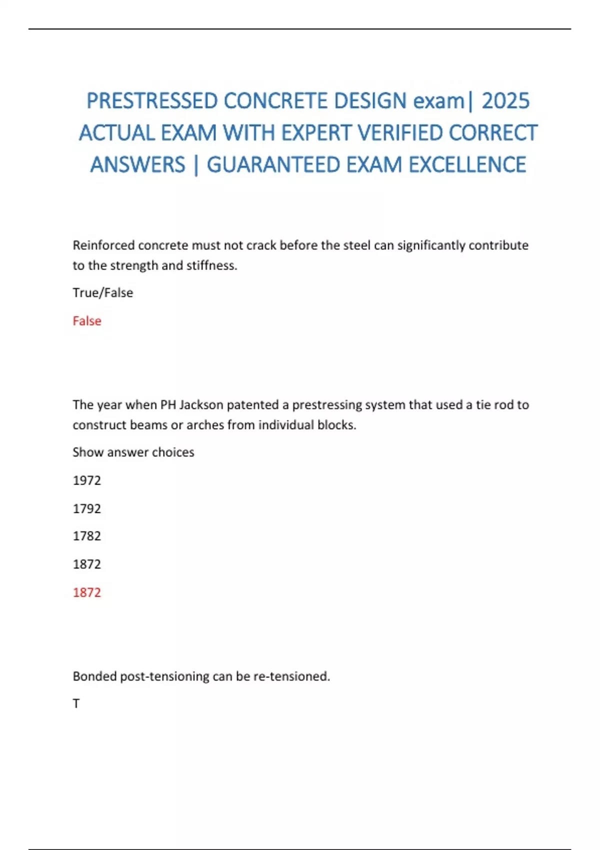 PRESTRESSED CONCRETE DESIGN exam| 2025 ACTUAL EXAM WITH EXPERT VERIFIED ...