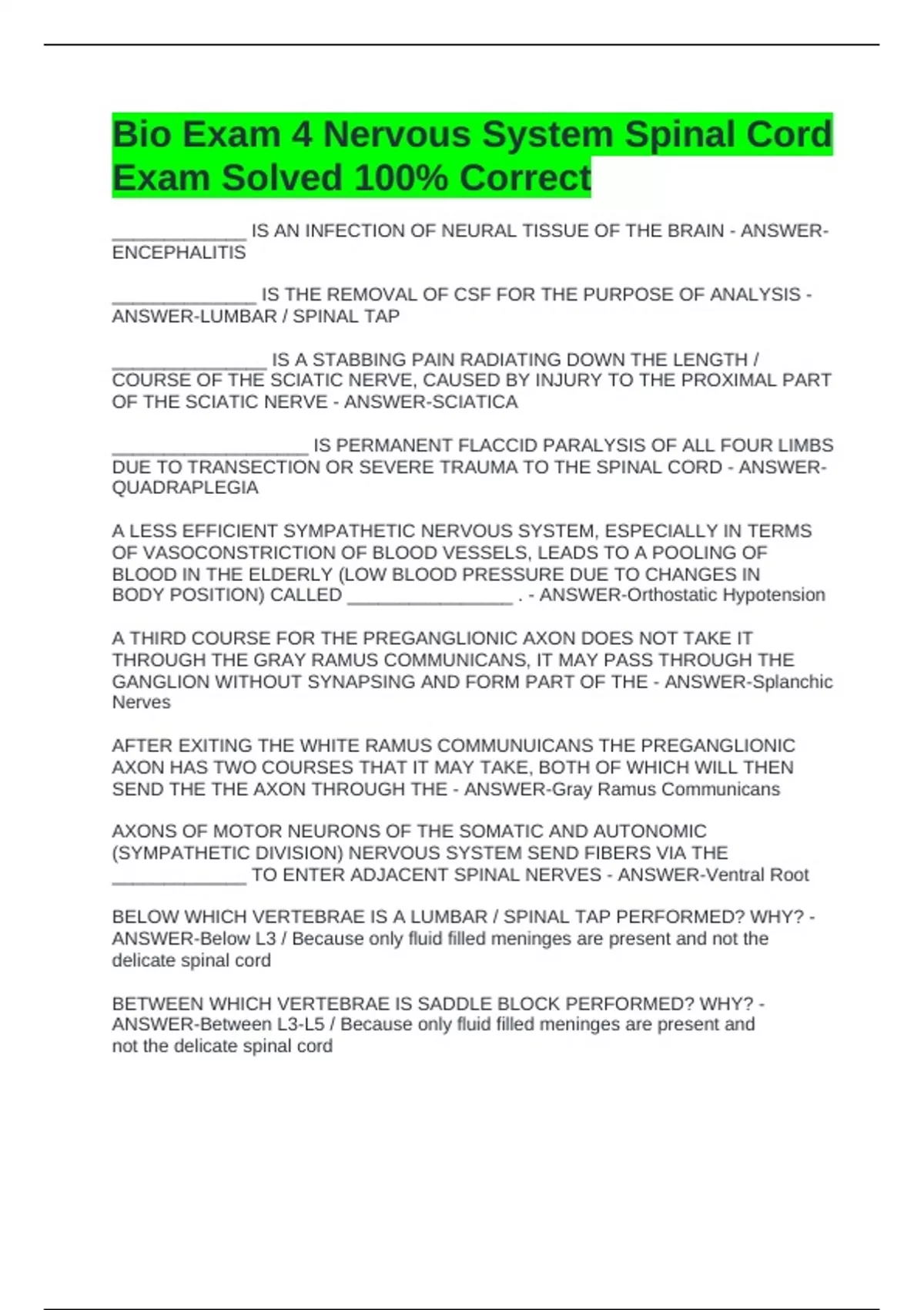 Bio Exam 4 Nervous System Spinal Cord Exam Solved 100% Correct - Bio Nervous System Spinal Cord ...