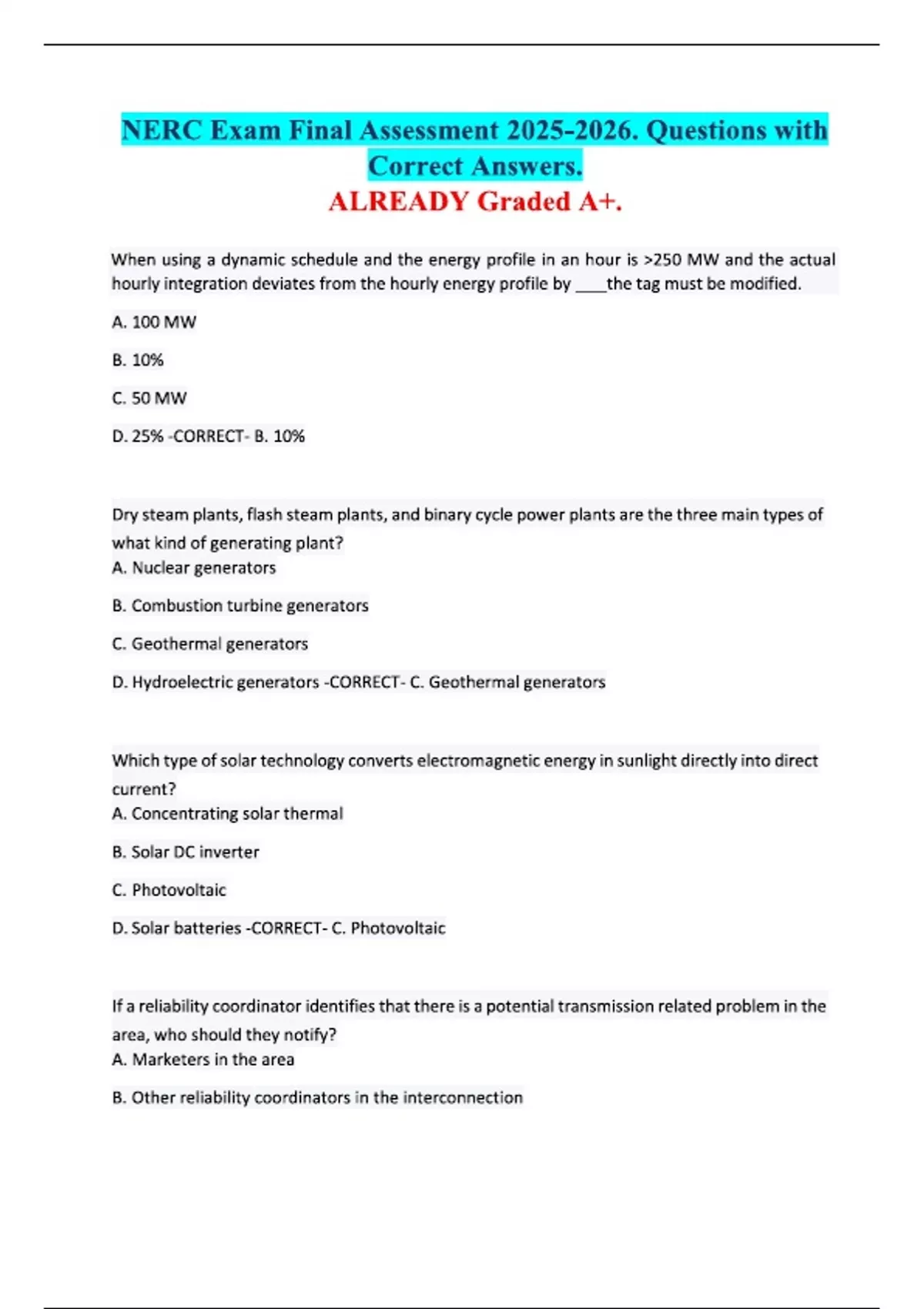 NERC Exam Final Assessment . Questions with Correct Answers. ALREADY ...