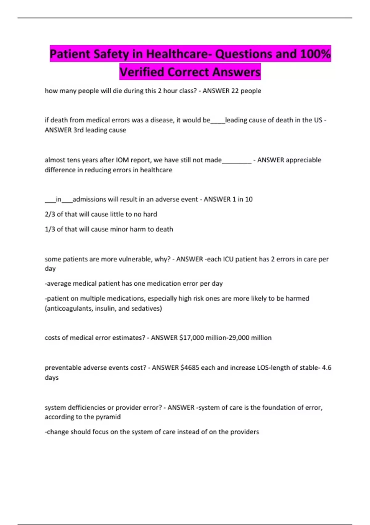 Patient Safety in Healthcare- Questions and 100% Verified Correct ...