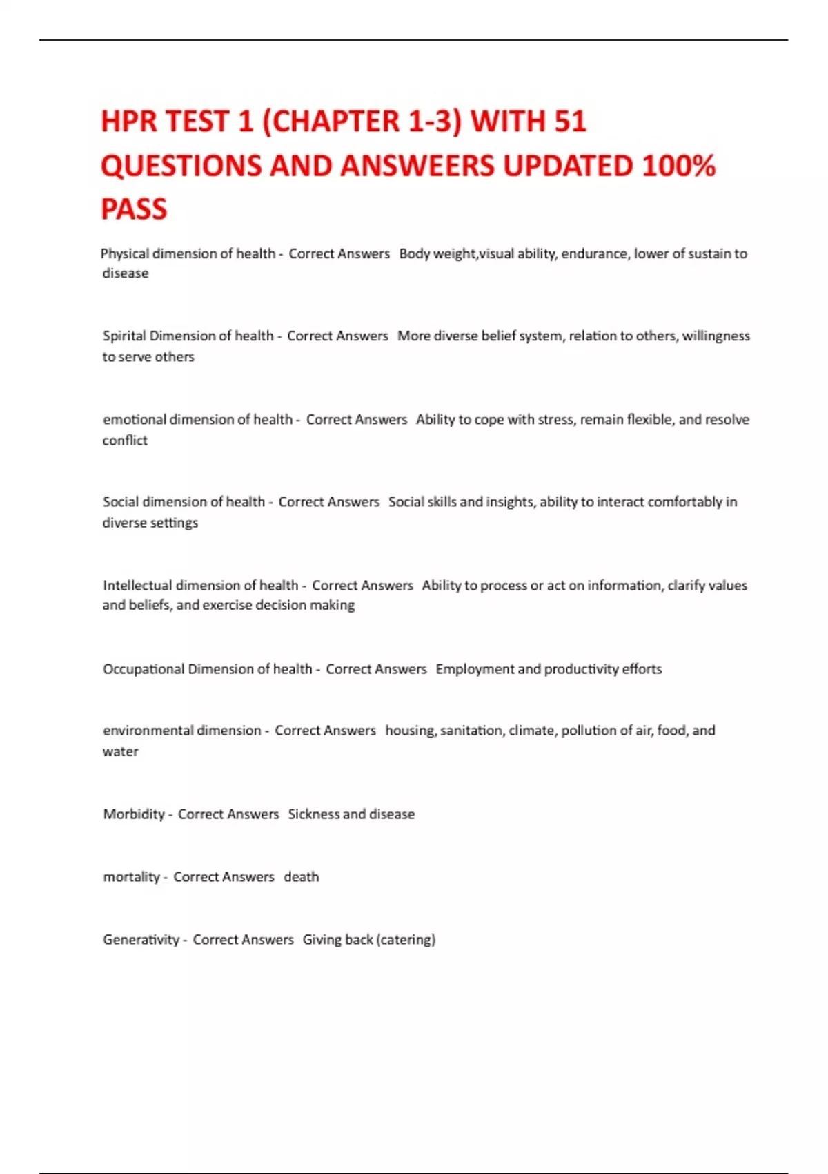 HPR TEST 1 (CHAPTER 1-3) WITH 51 QUESTIONS AND ANSWEERS UPDATED 100% ...